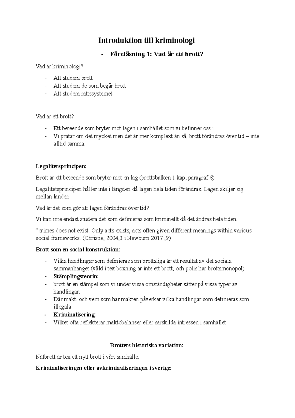 Föreläsning 1 - introduktion till kriminologi - Introduktion till kriminologi - Föreläsning 1 ...