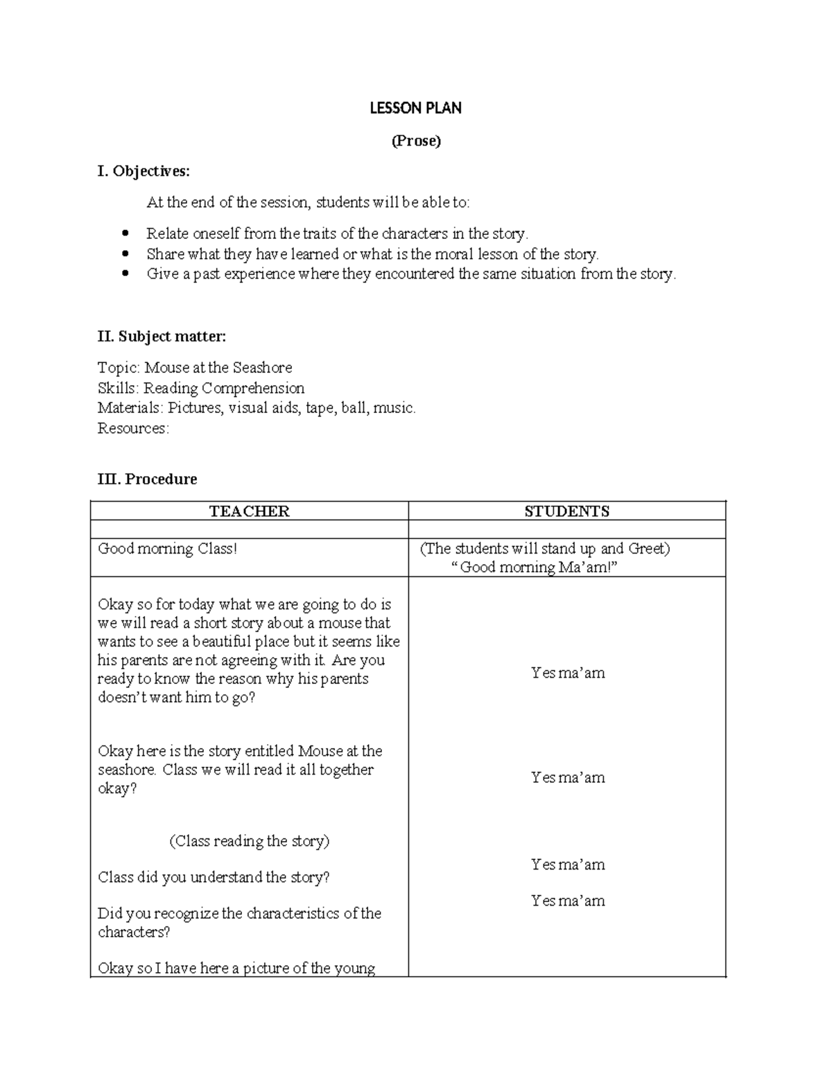 Lesson-PLAN English-113-draft - LESSON PLAN (Prose) I. Objectives: At the end of the session ...