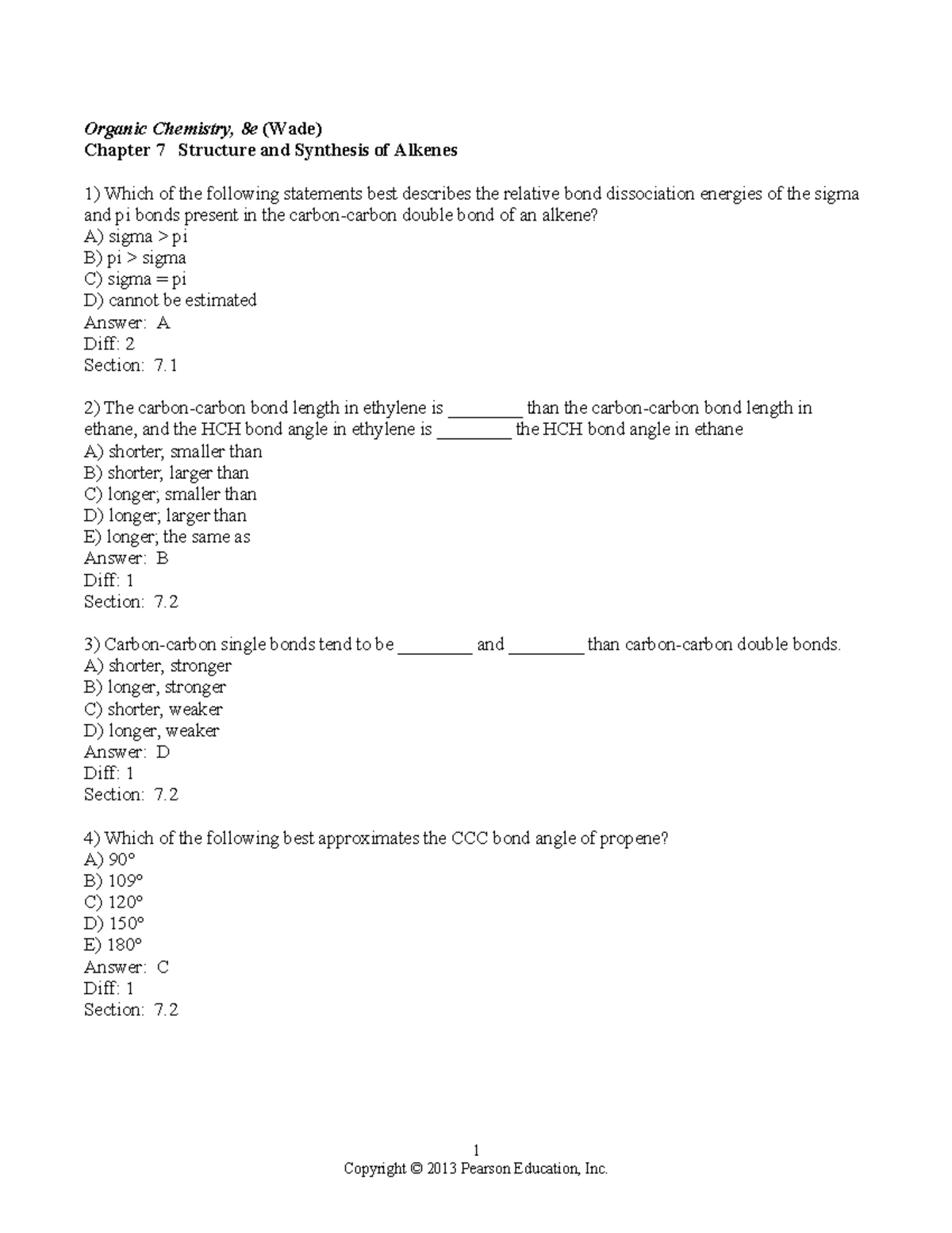 Chapter 7key-1 ochem - Homework - 1 Organic Chemistry, 8e (Wade ...