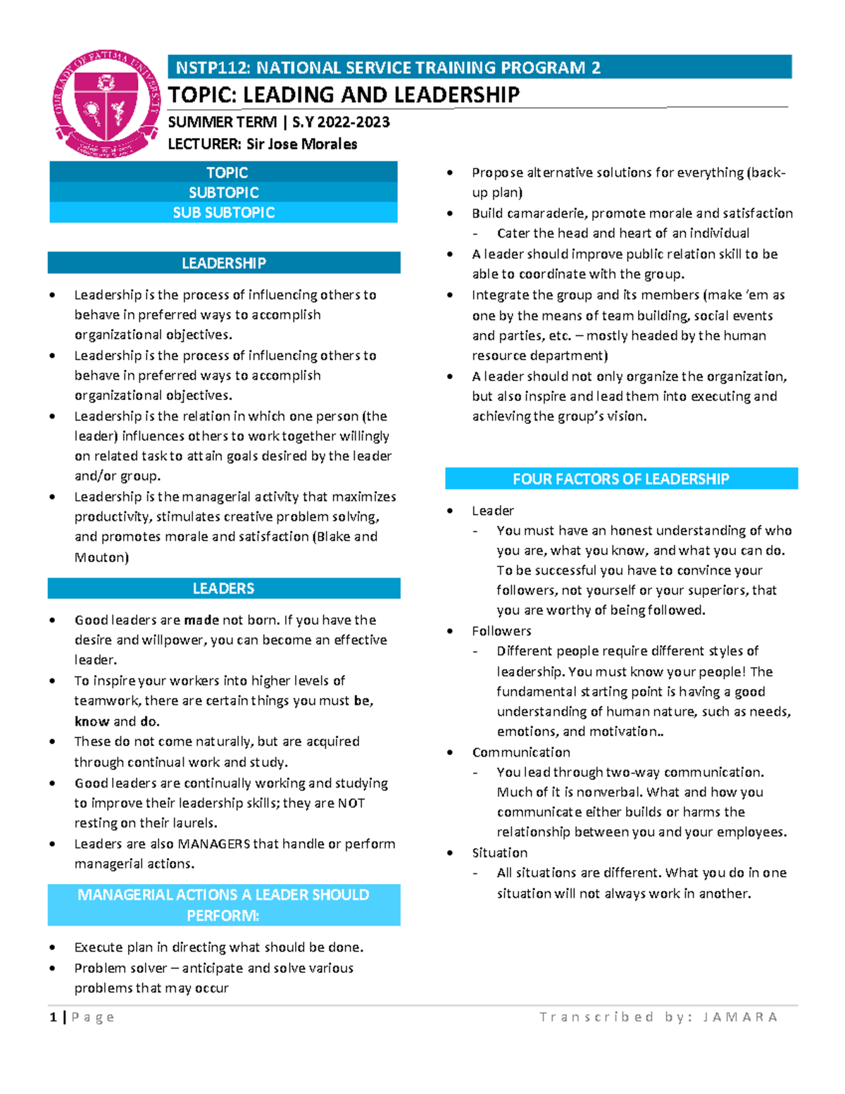 Lesson 2 - Leading AND Leadership - 1 | P a g e T r a n s c r i b e d b ...