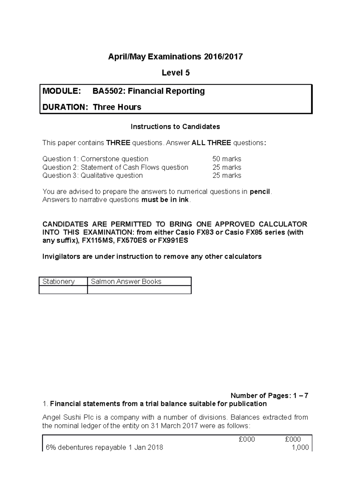 Exam 5 May 2017, questions - April/May Examinations 2016/2017 Level 5 ...