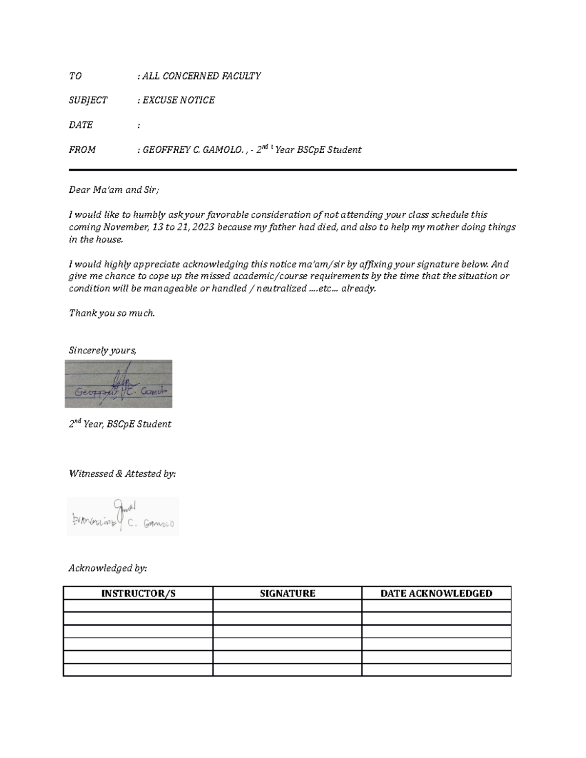 Excuse- Notice- Formattayap - TO : ALL CONCERNED FACULTY SUBJECT ...