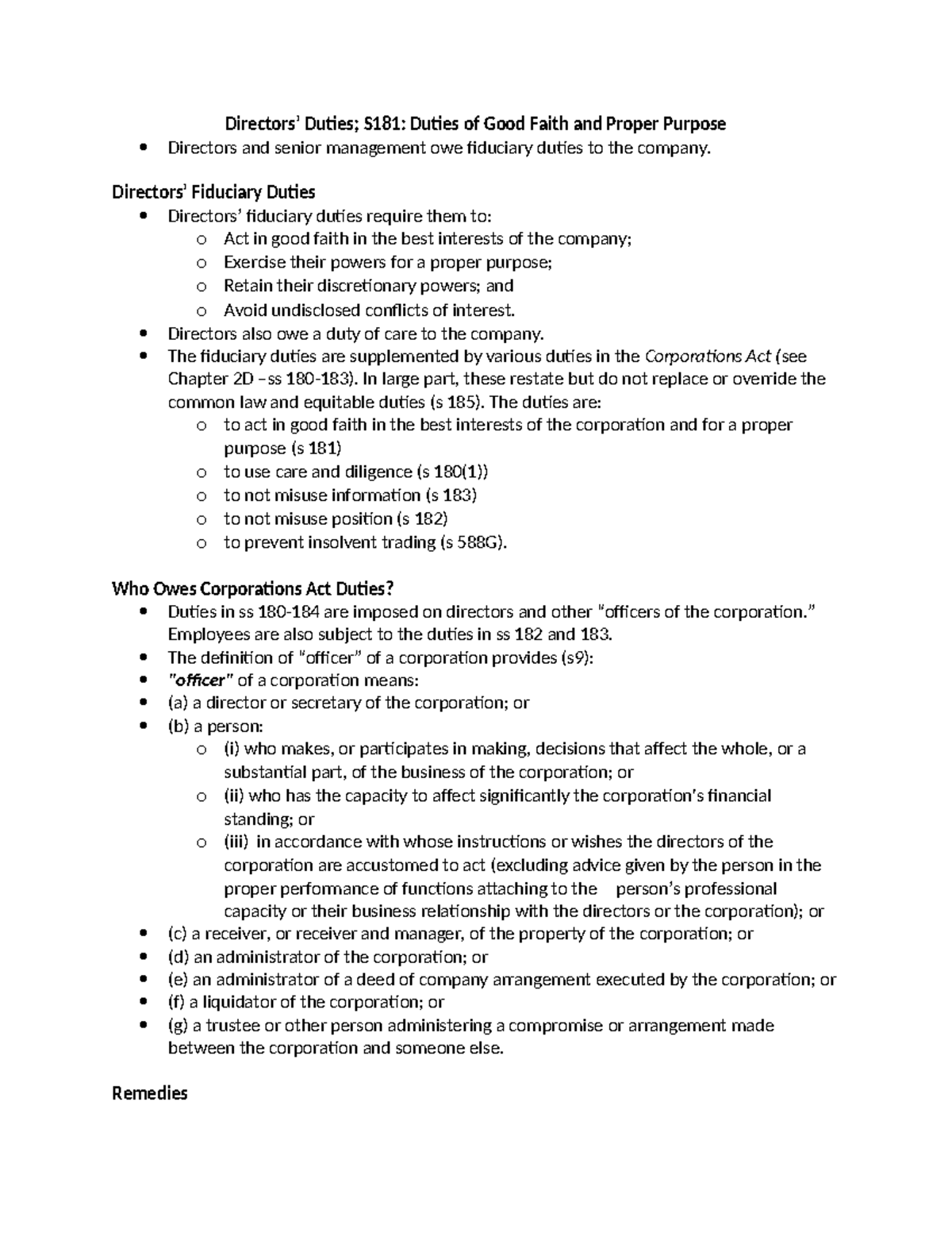 Corporate Law - Good Faith and Proper Purpose - Directors’ Duties; S181 ...