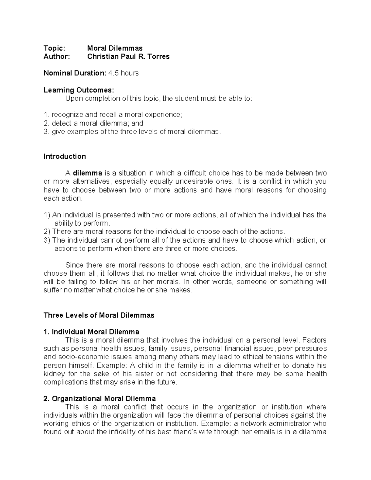 Ethics- Moral- Dilemmas - Topic: Moral Dilemmas Author: Christian Paul ...