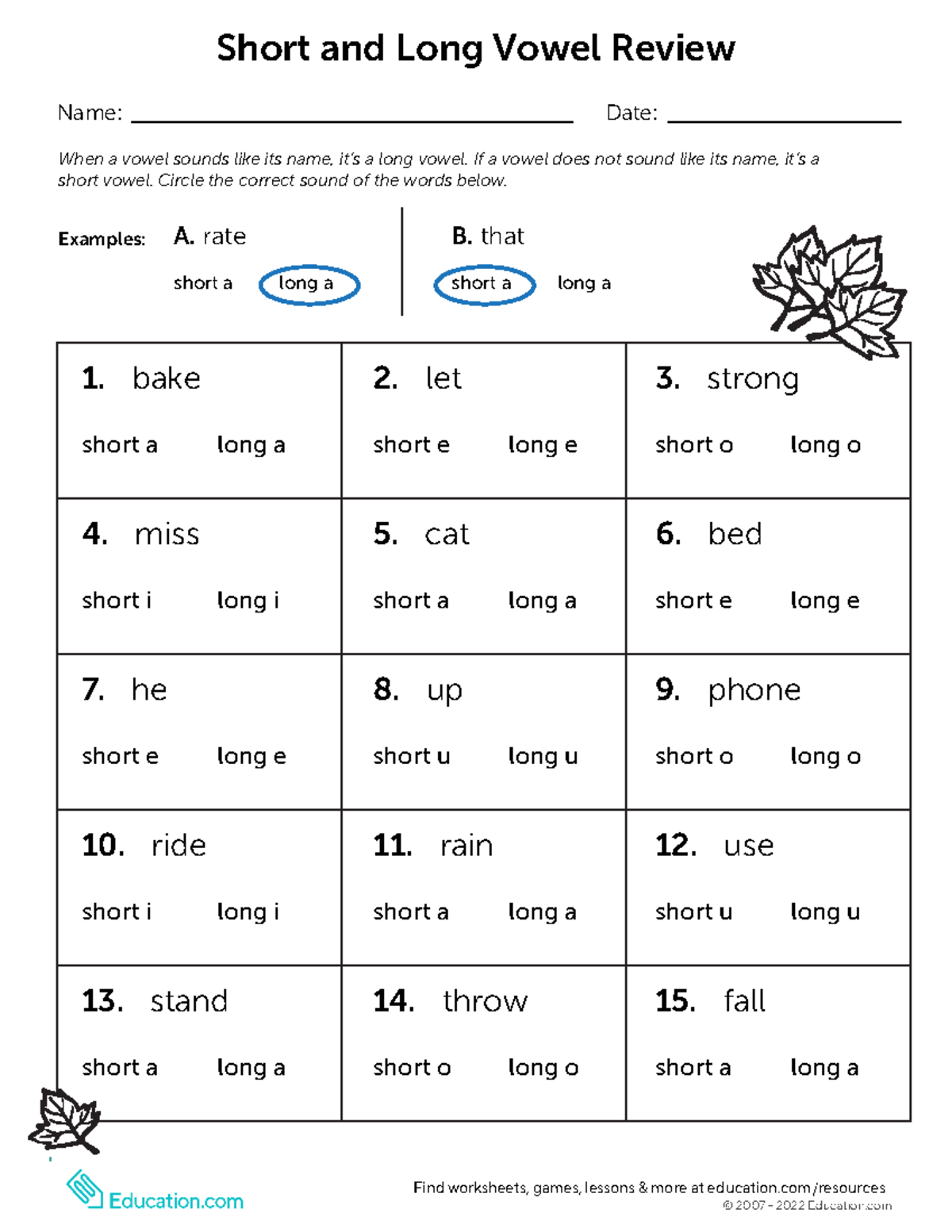 Long and short vowel review - Short and Long Vowel Review Name: Date ...