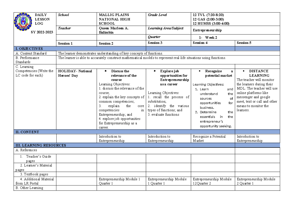 Entrep 12 Q1 W2(QMAB) - DLL - DAILY LESSON LOG SY 2022- School MALLIG ...