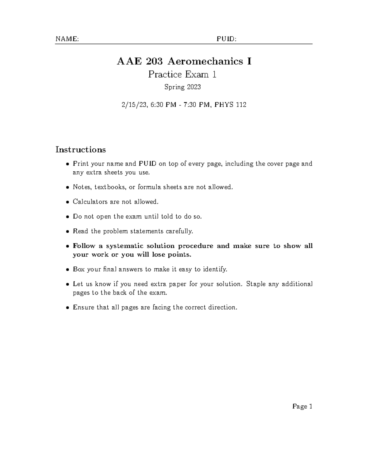 AAE203 SP23 exam1 practice - AAE 203 Aeromechanics I Practice Exam 1 ...