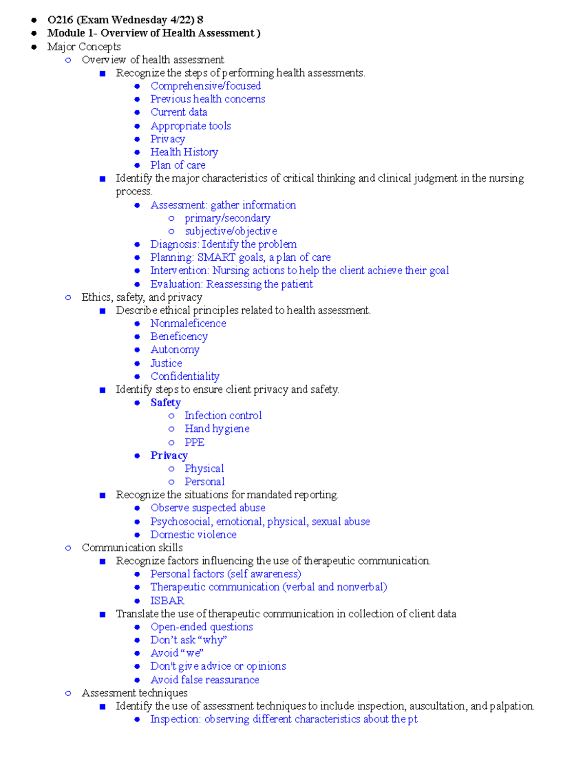 NUR 216 -Final Review Study Outline - O216 (Exam Wednesday 4/22) 8 ...