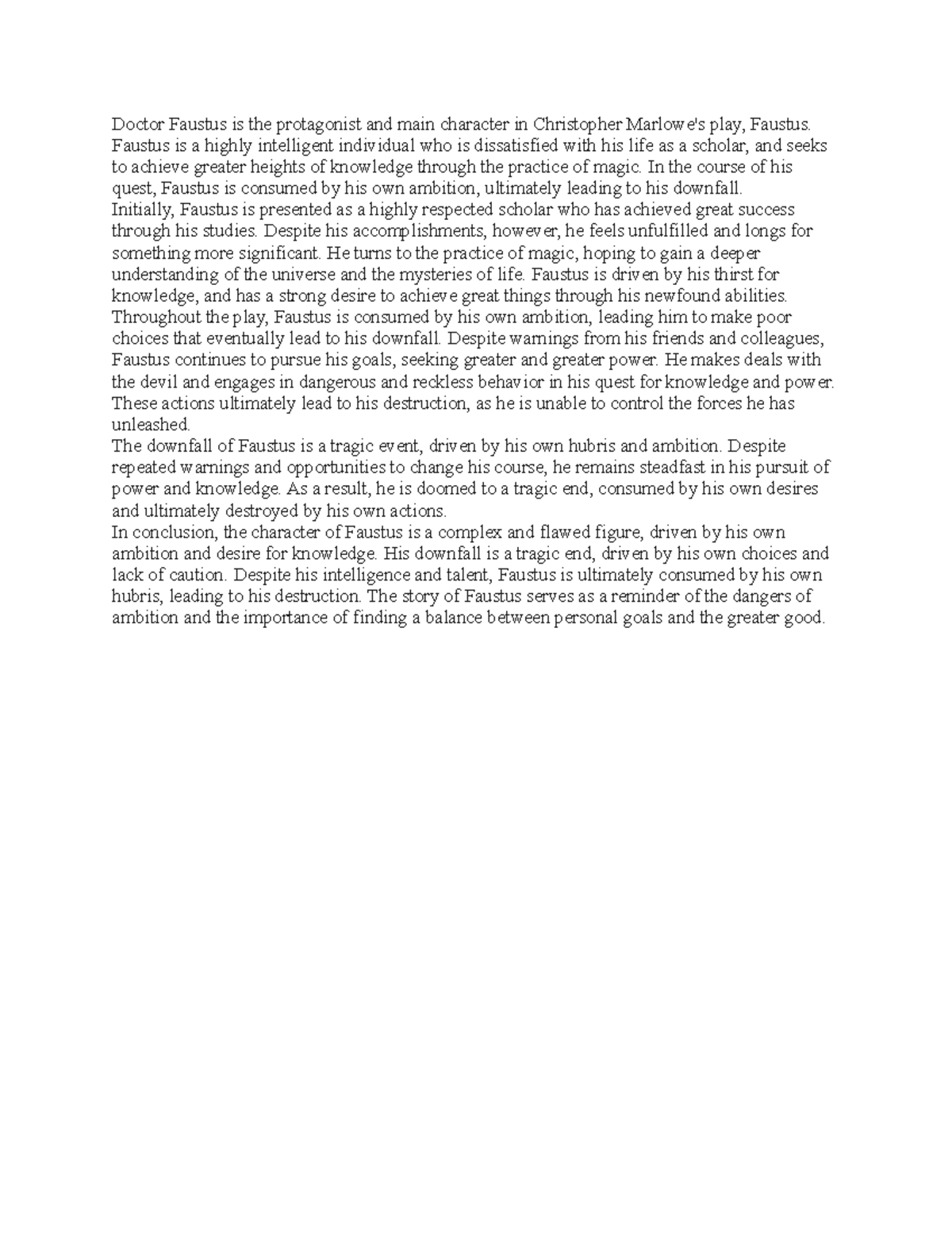 Character and downfall of faustus - MS English Linguistics - Studocu