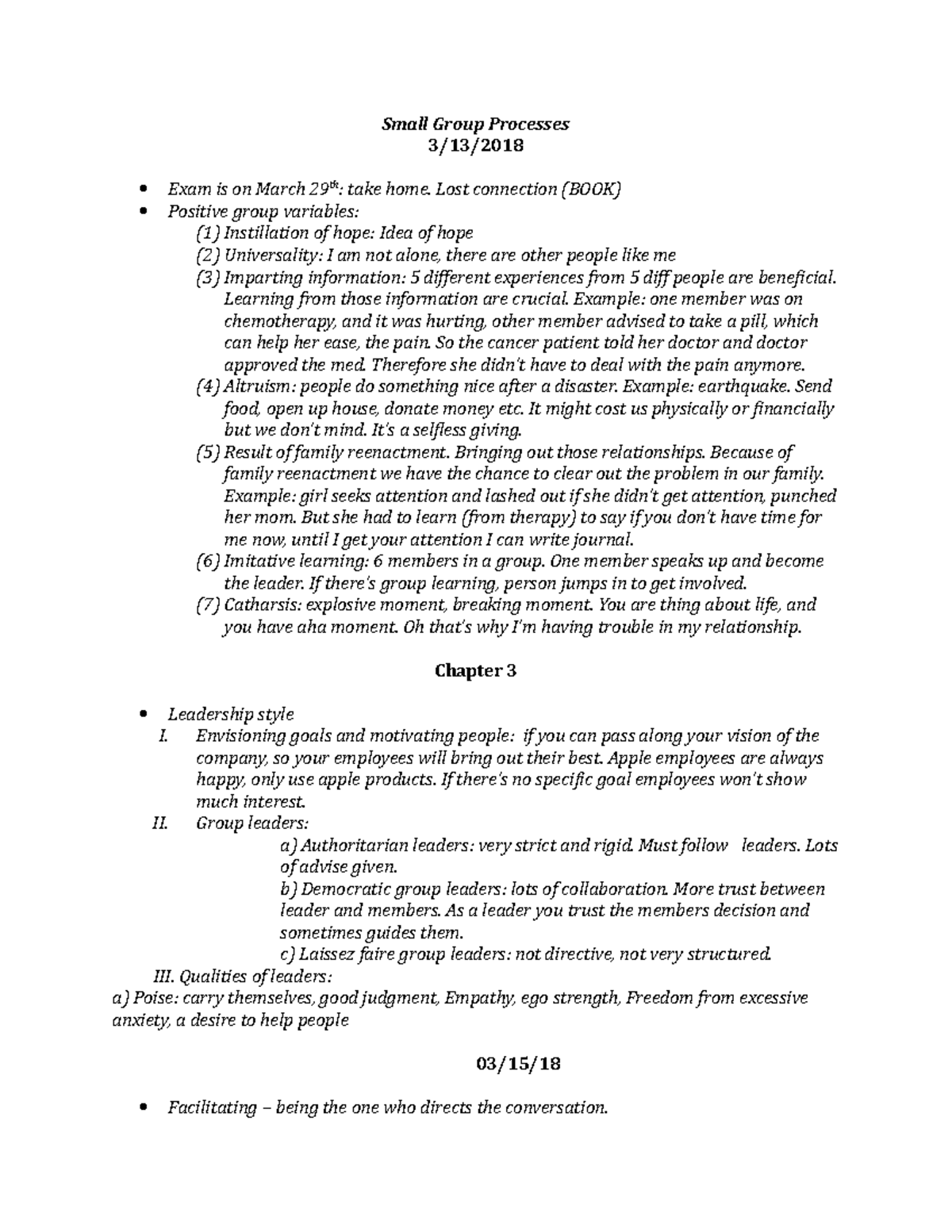 Small Group Processes notes - Small Group Processes 3/13/2018 Exam is ...