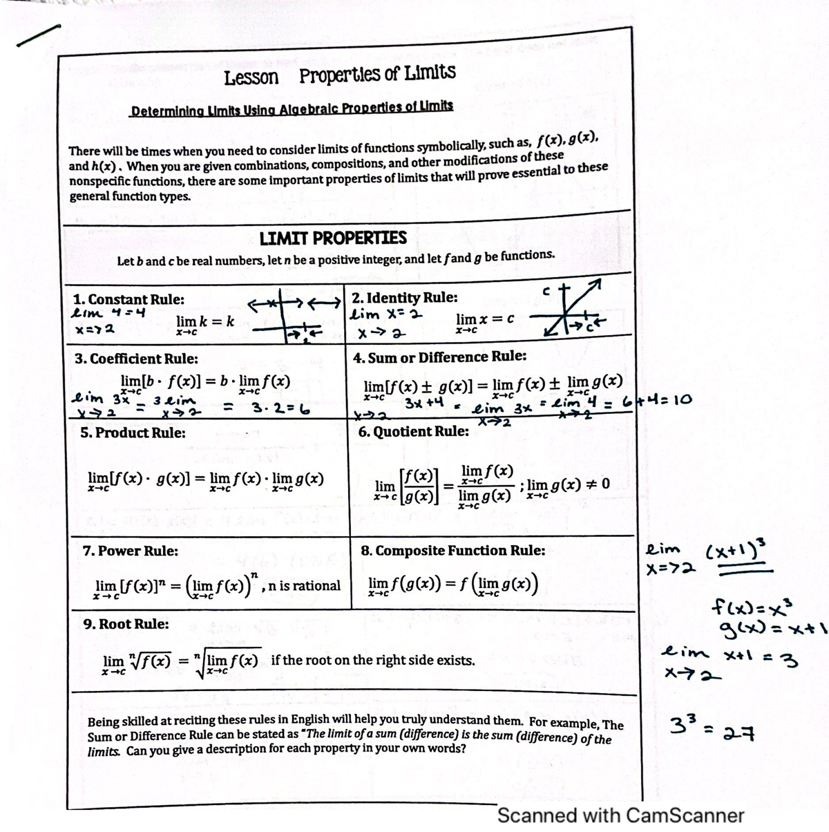 Calculus notes on properties of limits - MATH 150 - Studocu