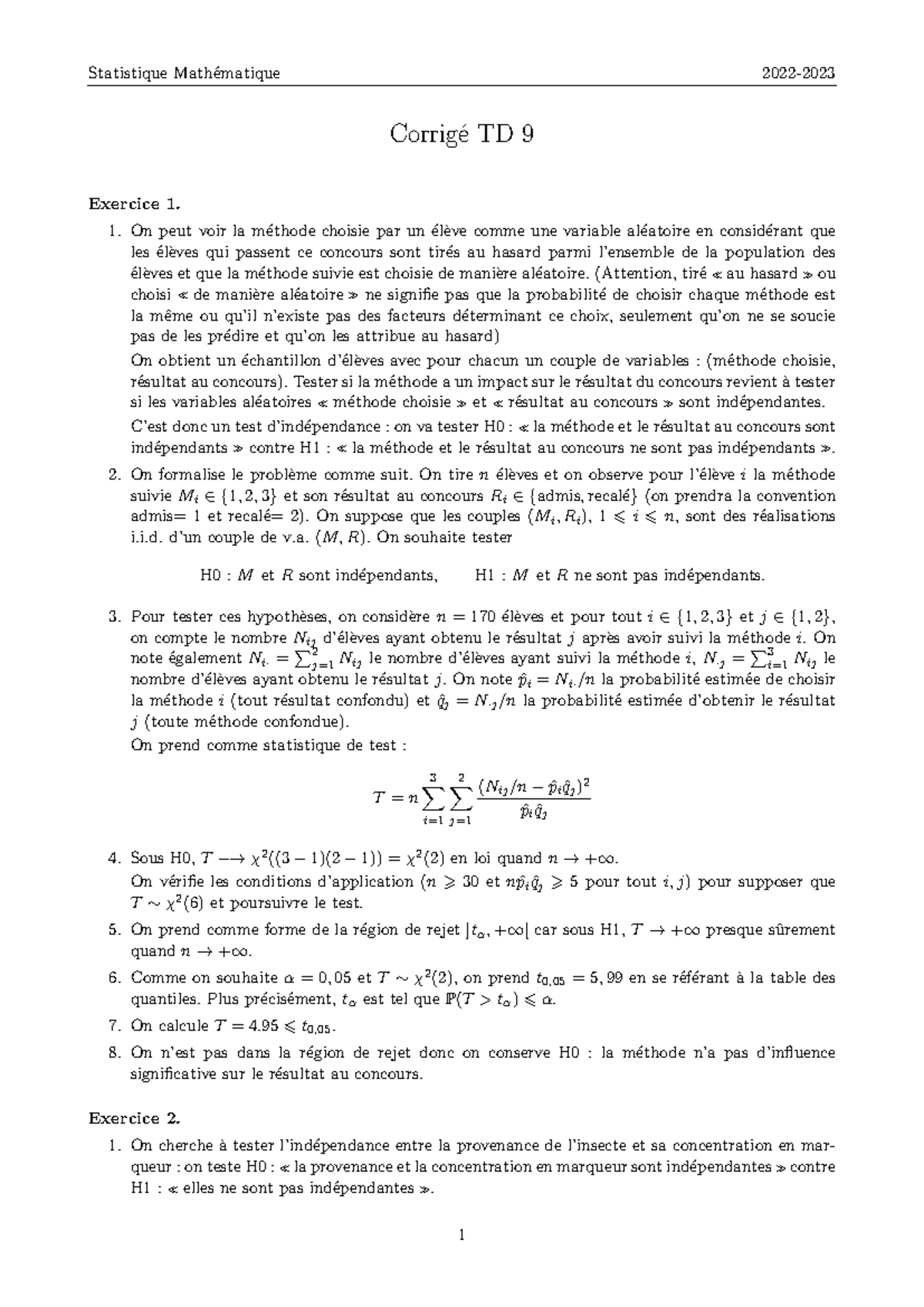 Corrige TD9 - Résumé Écologie - Corrig ́e TD 9 Exercice 1. On peut voir la m ́ethode choisie par ...
