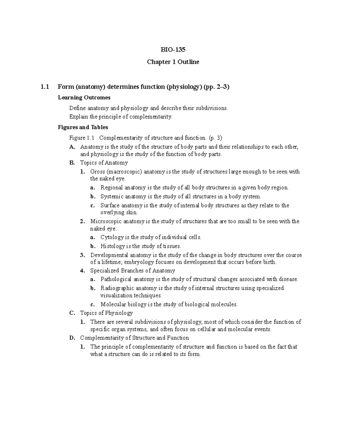 BIO-135-Chapter 1 Outline - BIO- Chapter 1 Outline 1 Form (anatomy ...