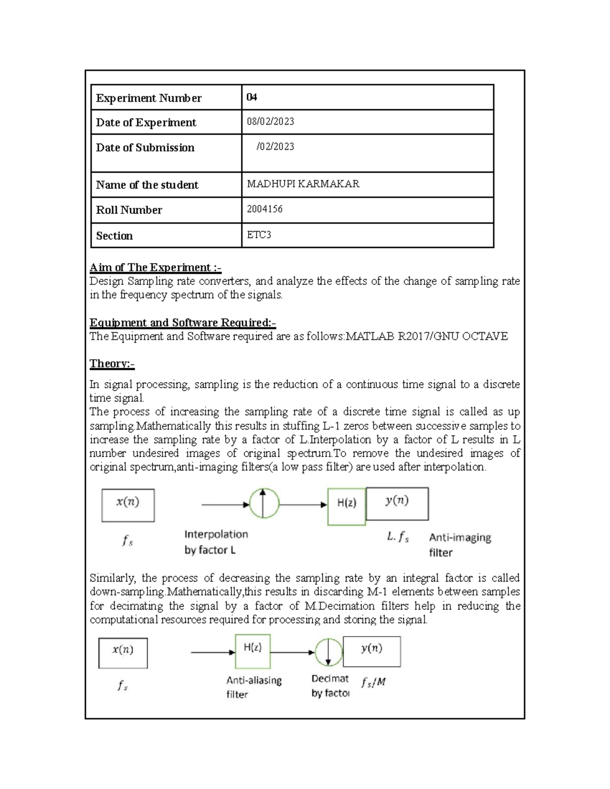 Expt 4 2004 156 6th Semester 4 Dsp Lab Experiment Experiment Number 04 Date Of Experiment 08