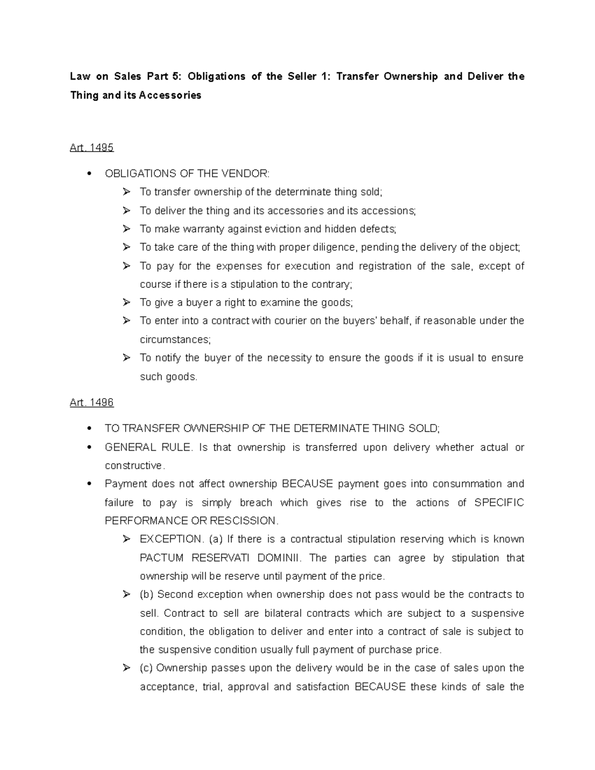 Law on Sales Reviewer / Notes - Law on Sales Part 5: Obligations of the ...