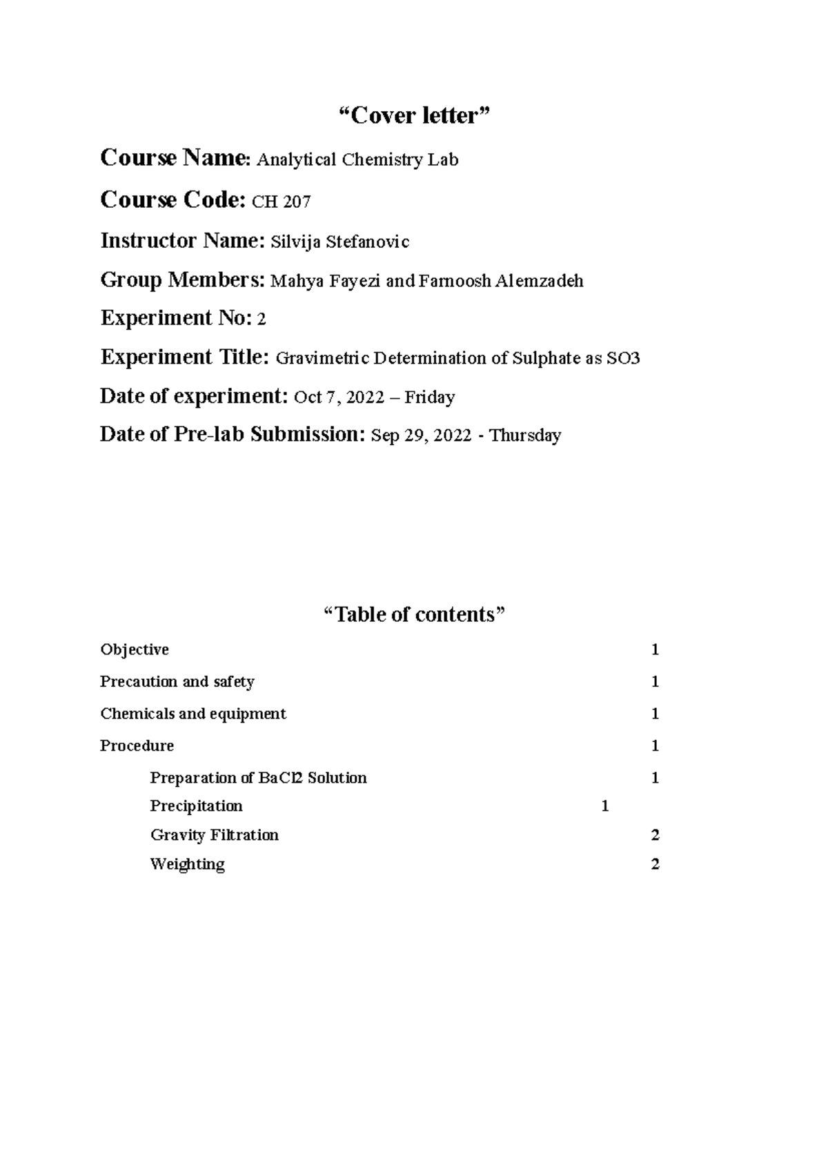 Lab A CH EX2 - Lab - “Cover letter” Course Name: Analytical Chemistry ...