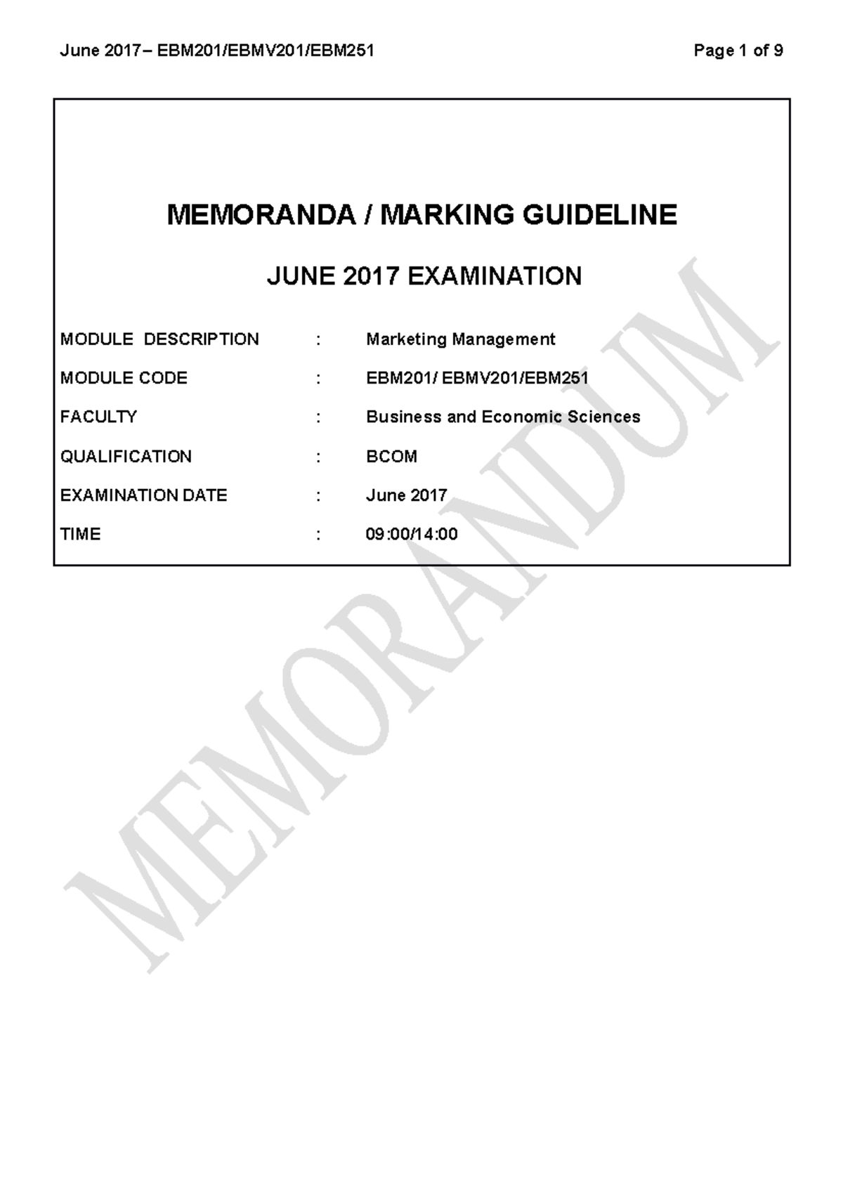 EBM201 June 2017 MEMO - MEMORANDA / MARKING GUIDELINE JUNE 2017 ...