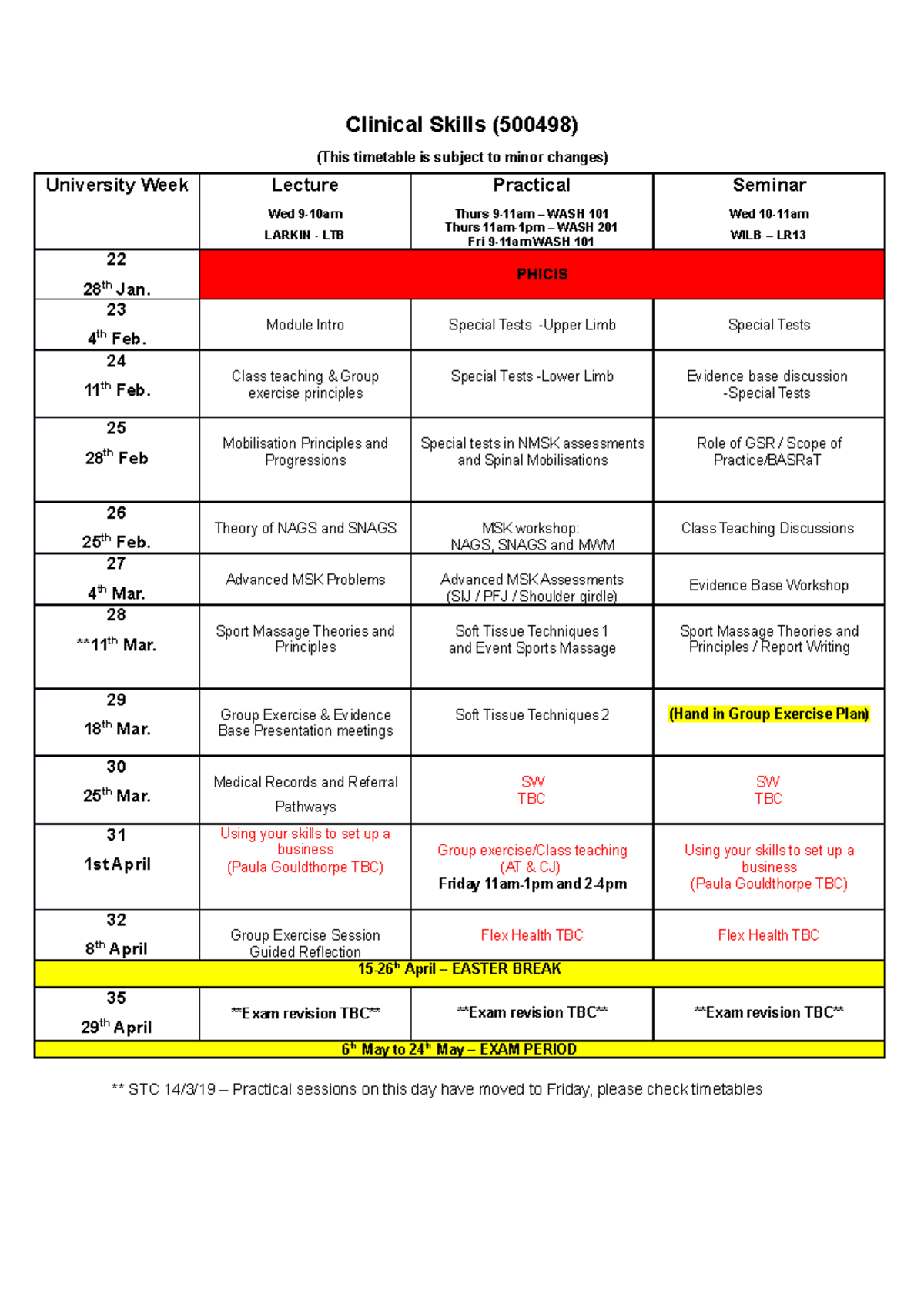 Clinical Skills Week Plan 1819 - Clinical Skills (500498) (This ...