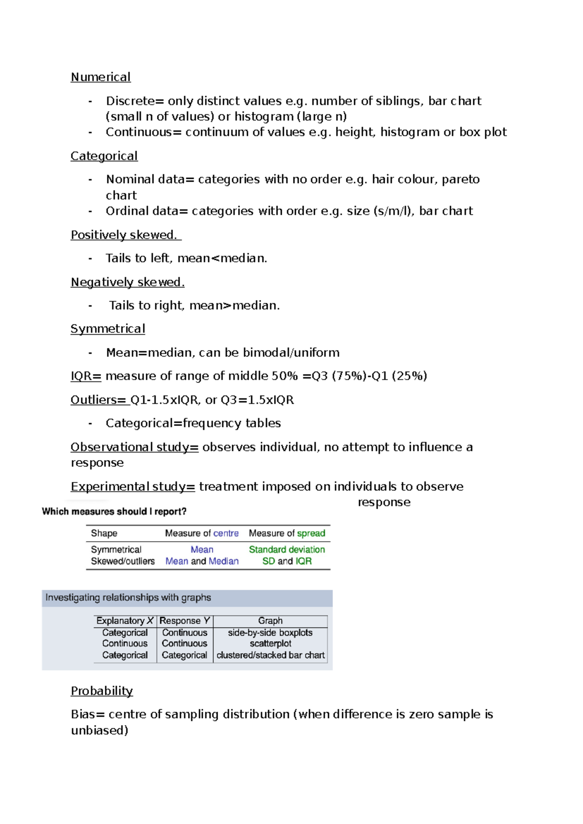 STAT1070 Notes - Mid semester cheat sheet - Numerical - Discrete= only ...