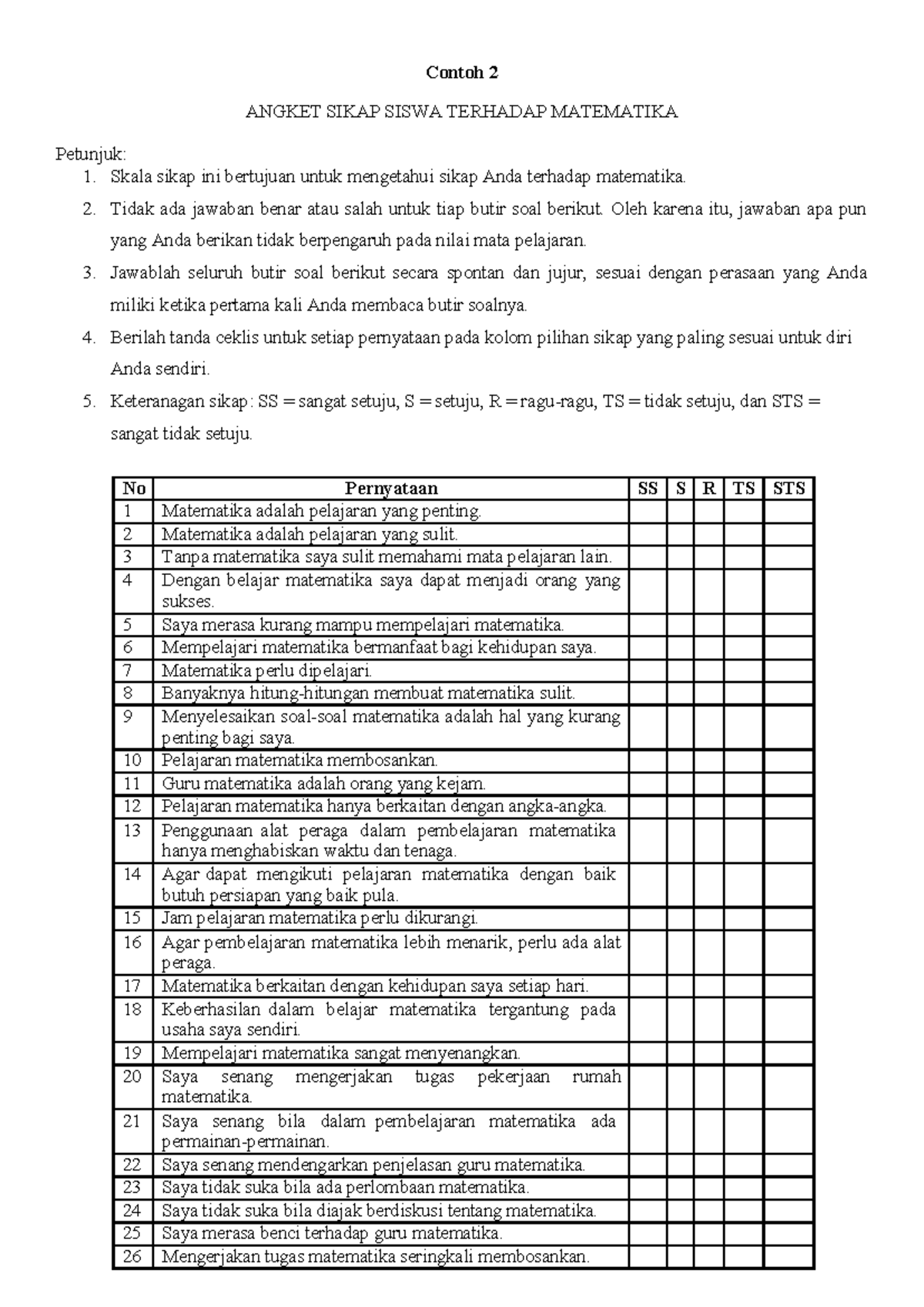 Angket Sikap Siswa Terhadap Matematika - Contoh 2 ANGKET SIKAP SISWA ...