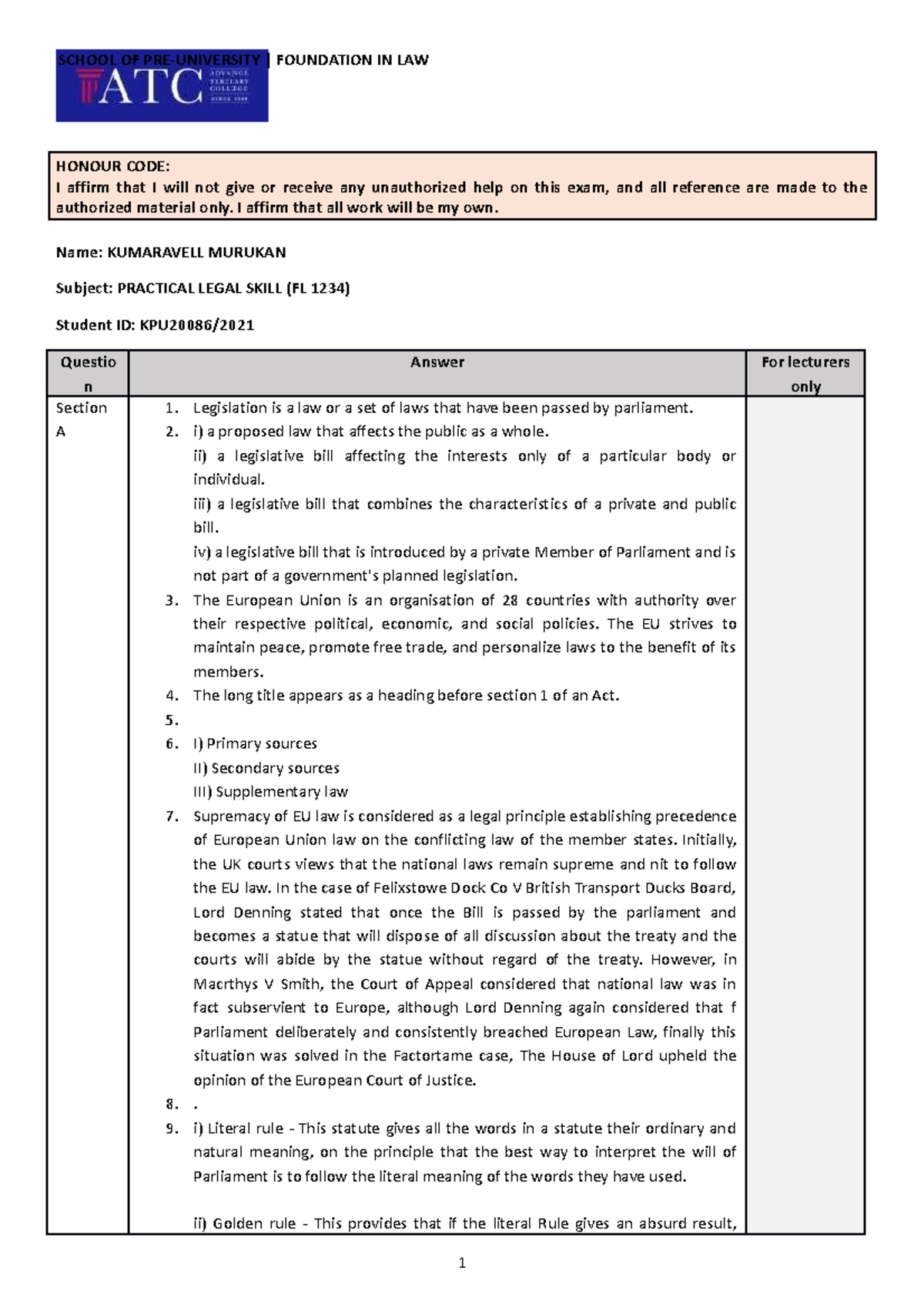 [ Practical Legal Skills] Name-FL 1234 - HONOUR CODE: I affirm that I ...