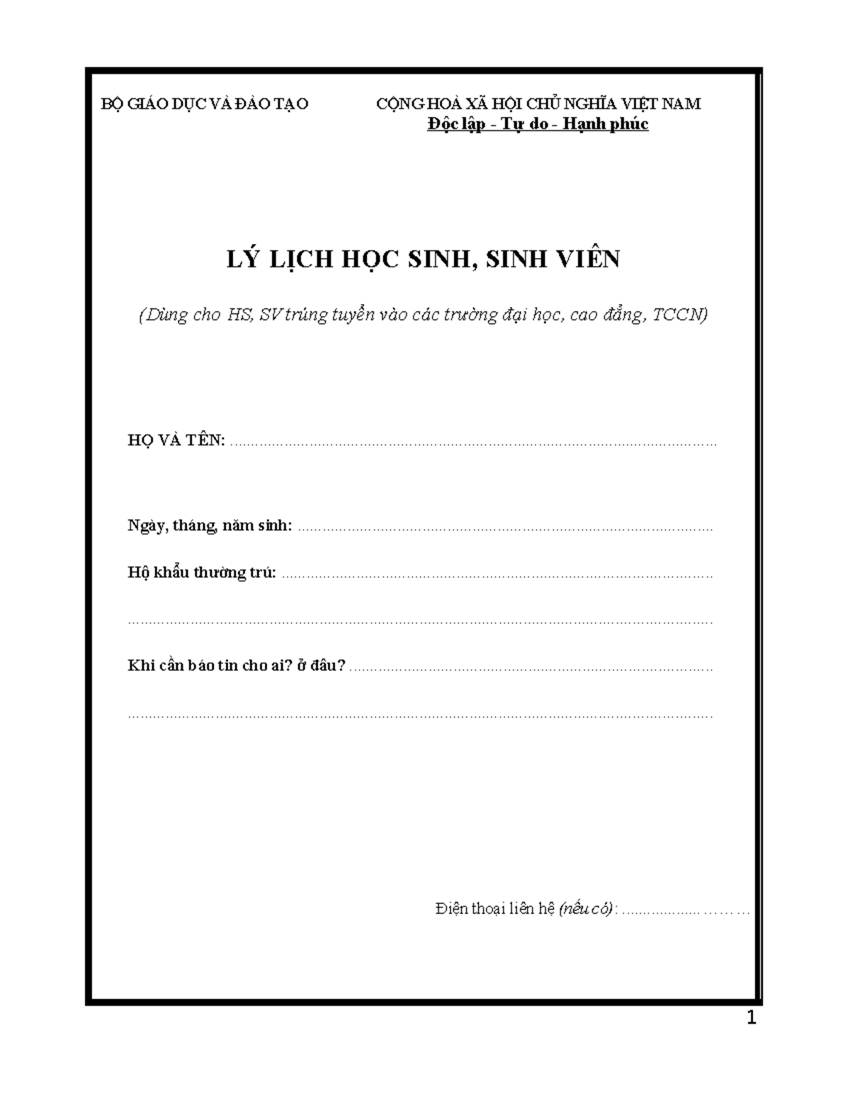 1 so yeu ly lich sv buh doc - BỘ GIÁO DỤC VÀ ĐÀO TẠO CỘNG HOÀ XÃ HỘI ...