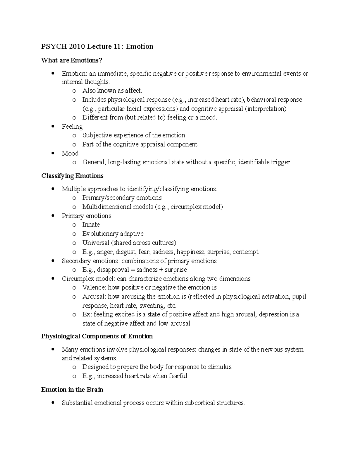 Psych 2010 Lecture 11 Emotion - PSYCH 2010 Lecture 11: Emotion What are ...
