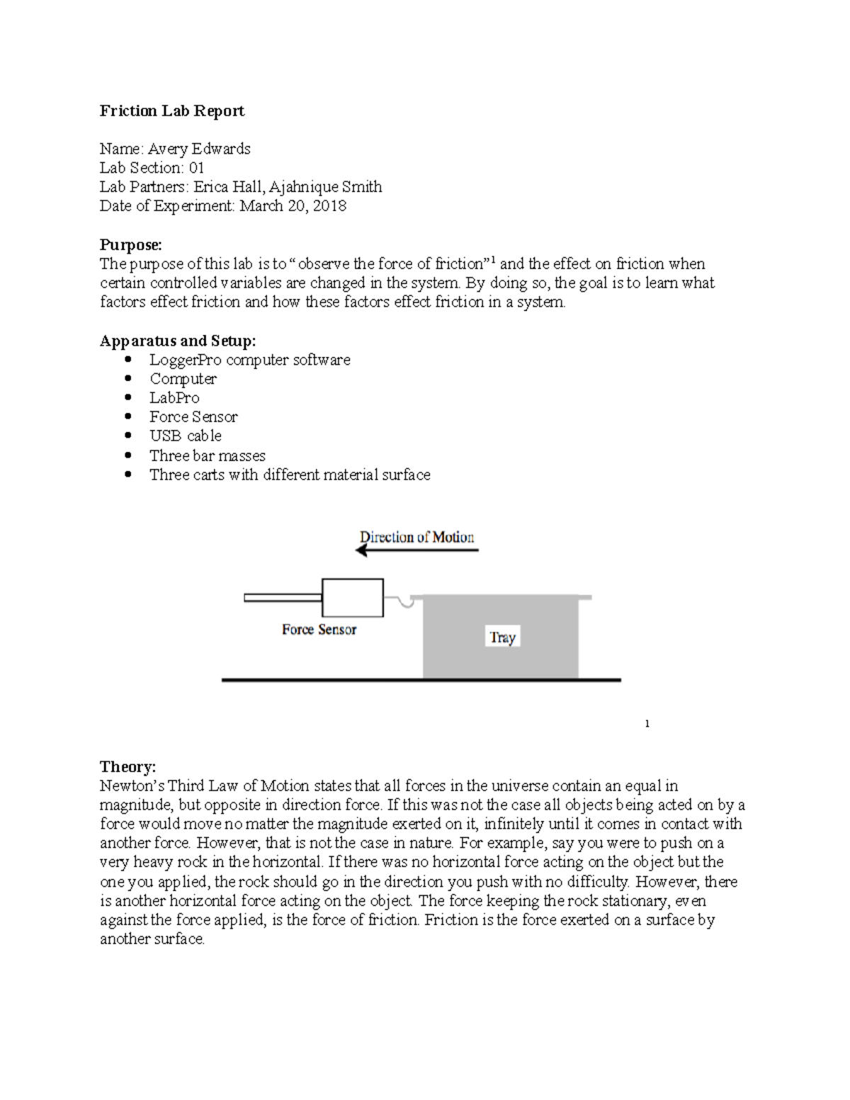 Friction Lab Report - Friction Lab Report Name: Avery Edwards Lab Section: 01 Lab Partners ...