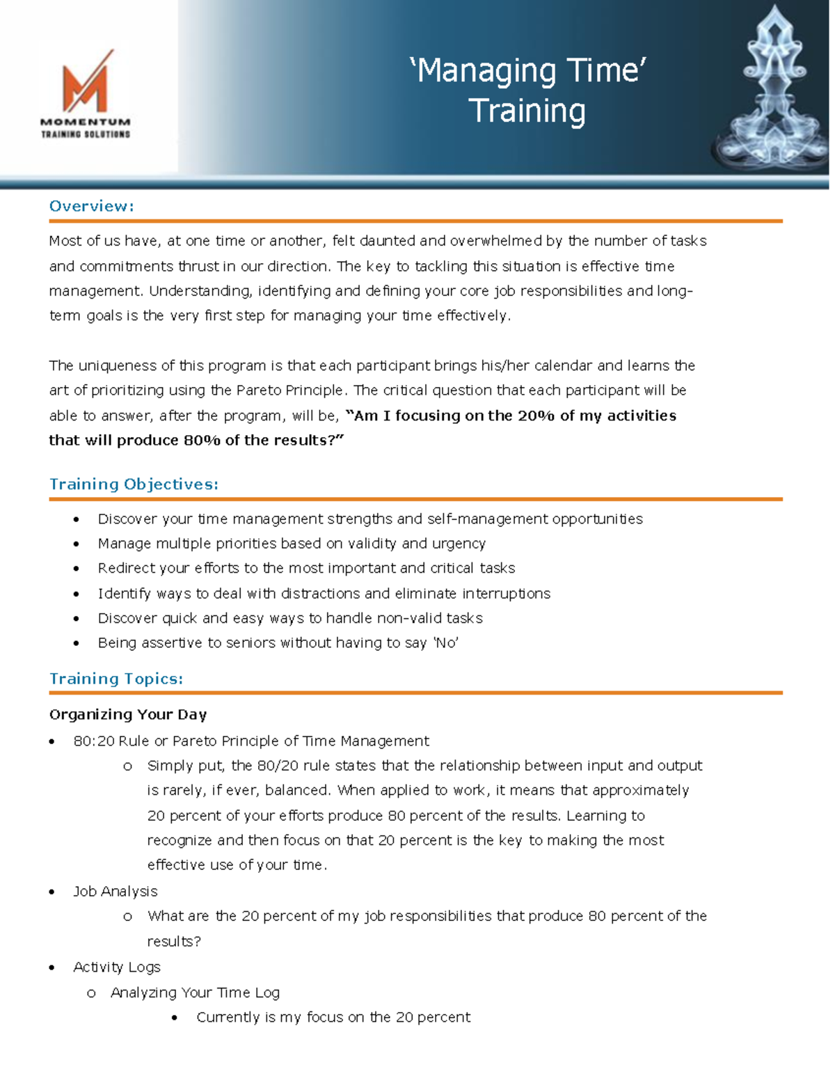 Time management training workshop outline - ‘Managing Time’ Training ...