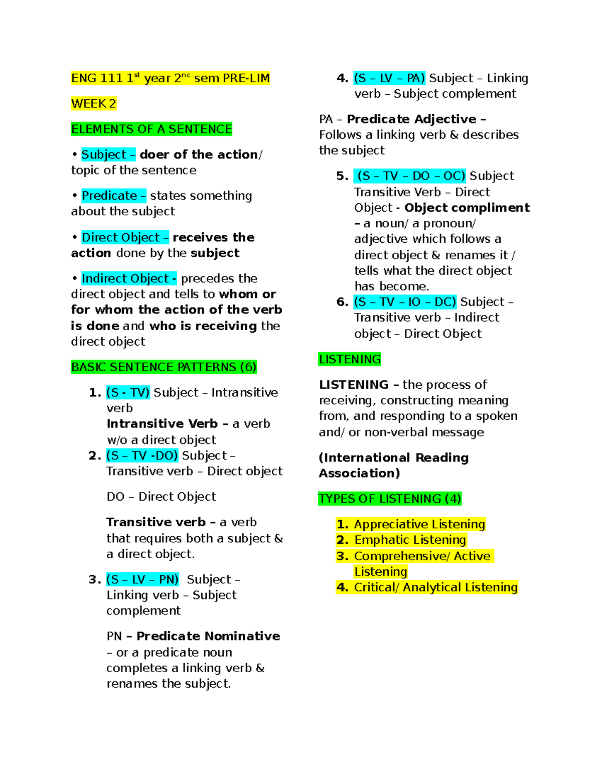 ENG PRE-LIM Reviwer - Lecture notes 1 - ENG 111 1st year 2nd sem PRE ...