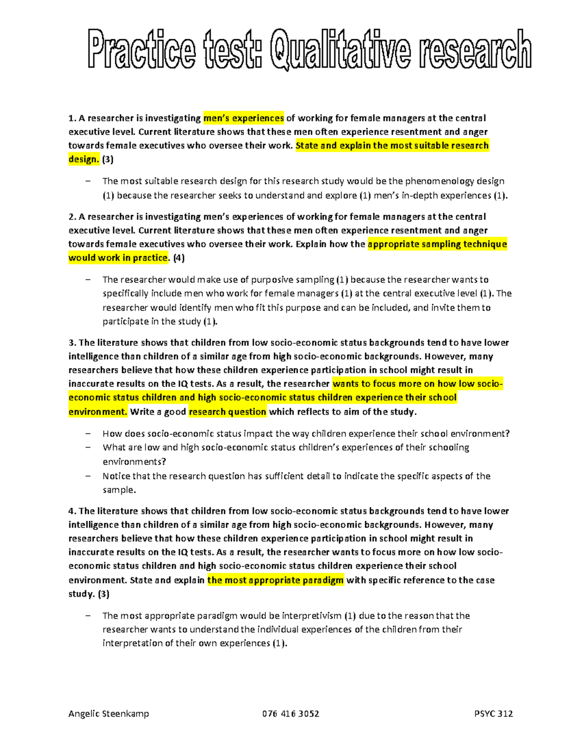 Practice test Qualitative research - Angelic Steenkamp 076 416 3052 ...