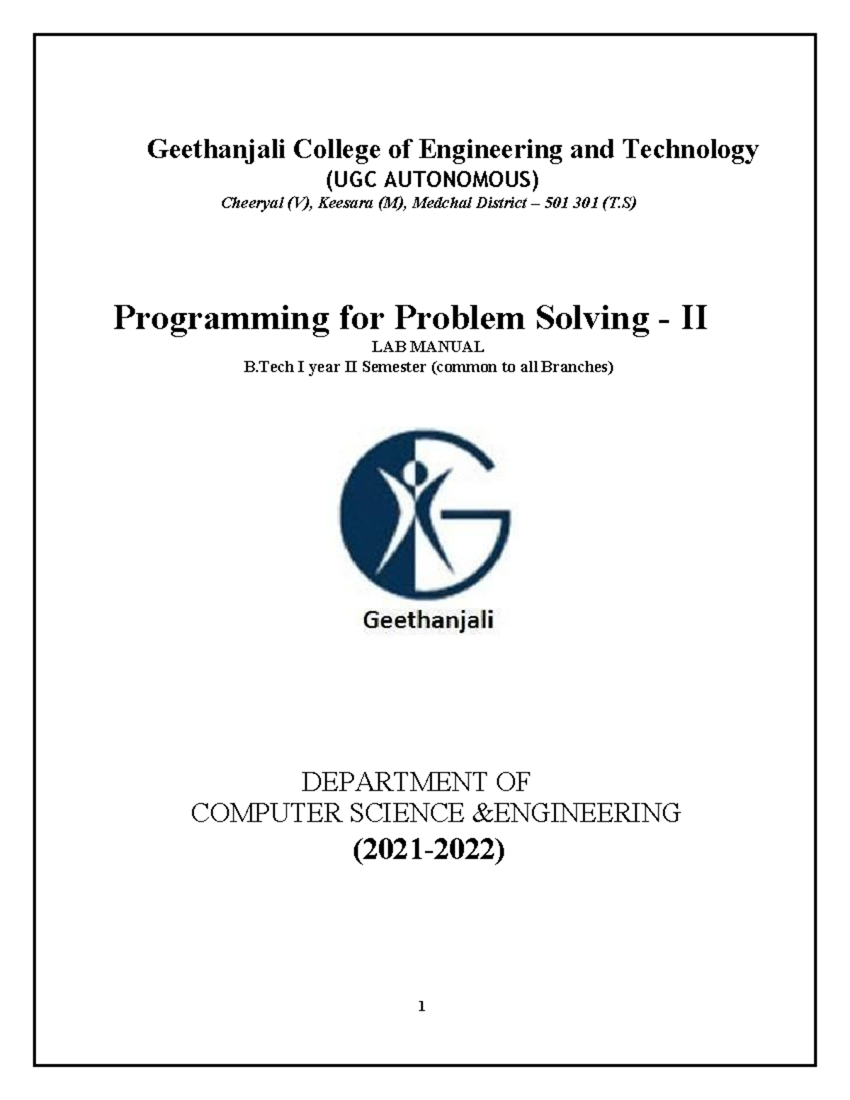 PPS-II Lab Manual 2021-2022 latest - Geethanjali College of Engineering ...