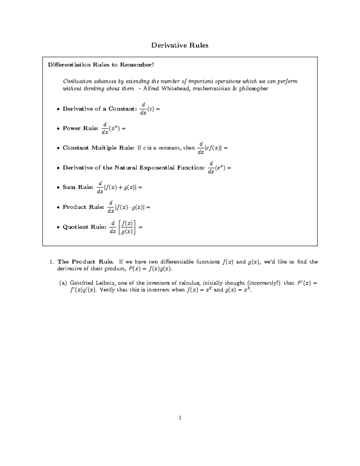 Derivative Rules Practice - Derivative Rules Differentiation Rules to ...