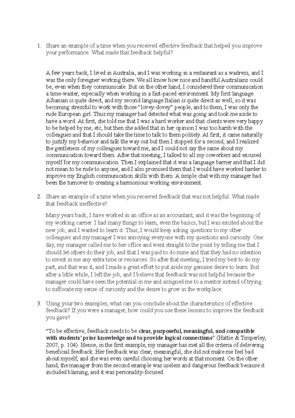 Learning Journal week 3 - Share an example of a time when you received ...