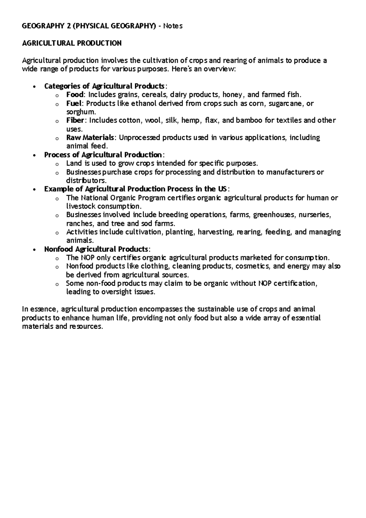 Agricultural Production Notes - GEOGRAPHY 2 (PHYSICAL GEOGRAPHY ...