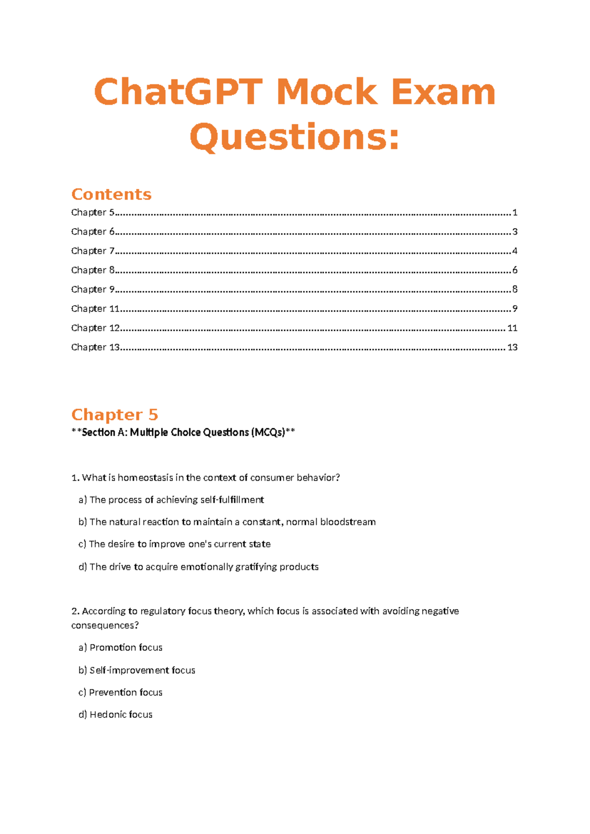 Chat GPT Mock Exam Questions - ChatGPT Mock Exam Questions: Contents ...