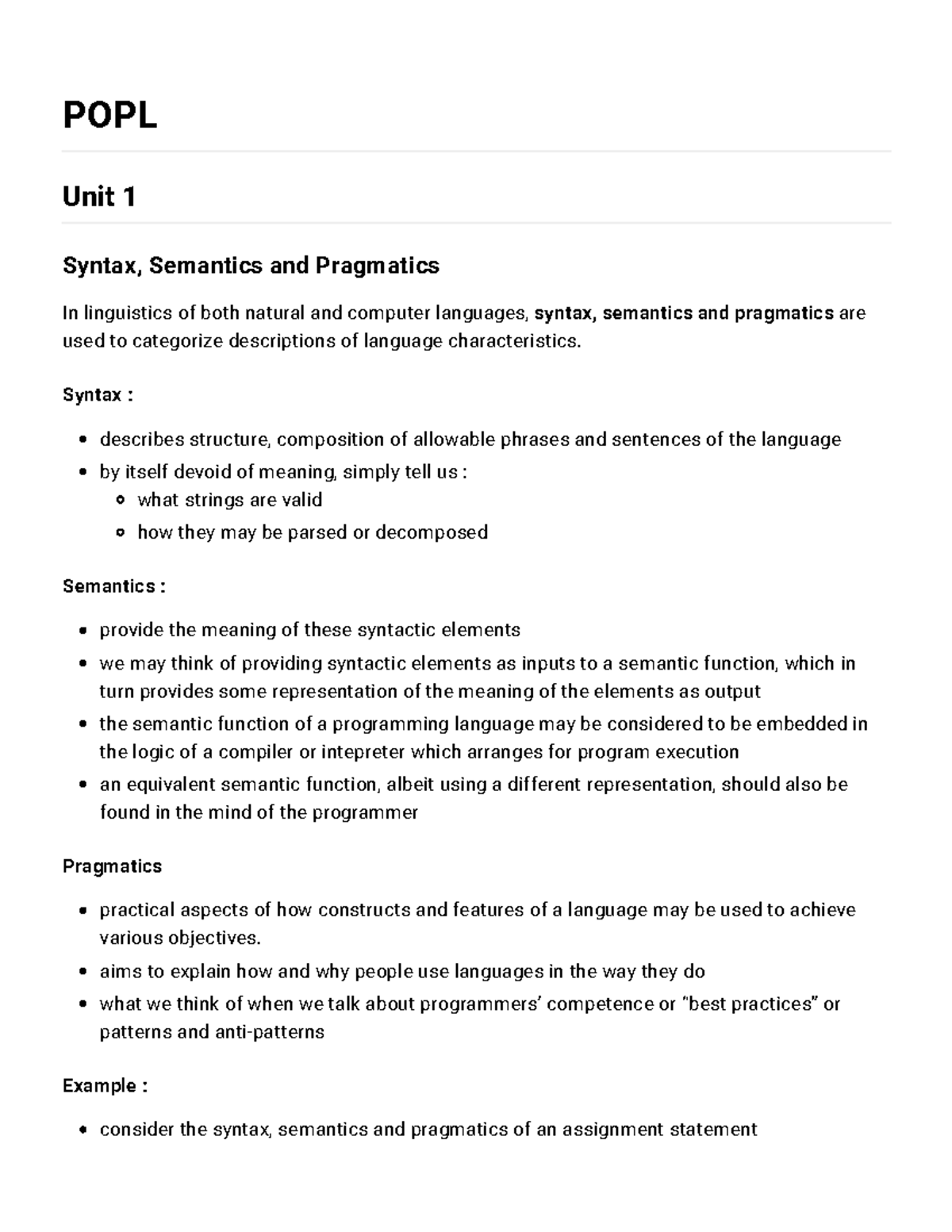 Unit 1,2 principle of programming language - POPL Unit 1 Syntax, Semantics and Pragmatics In ...