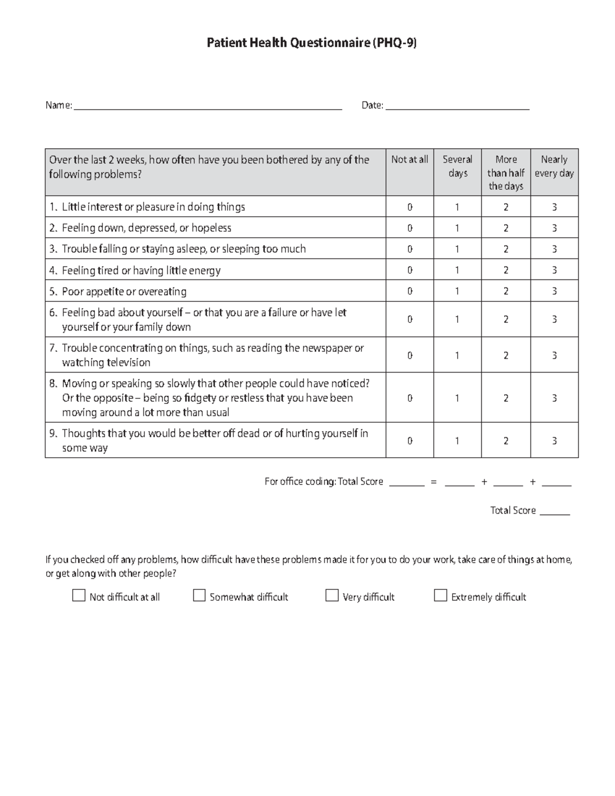 Depression patient health questionnaire - Patient Health Questionnaire ...