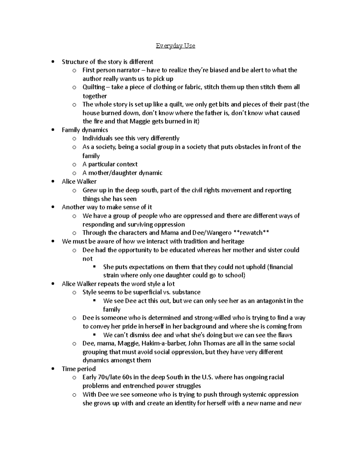 Everyday Use ENG1120 Winter 2021 Notes - Everyday Use Structure of the ...