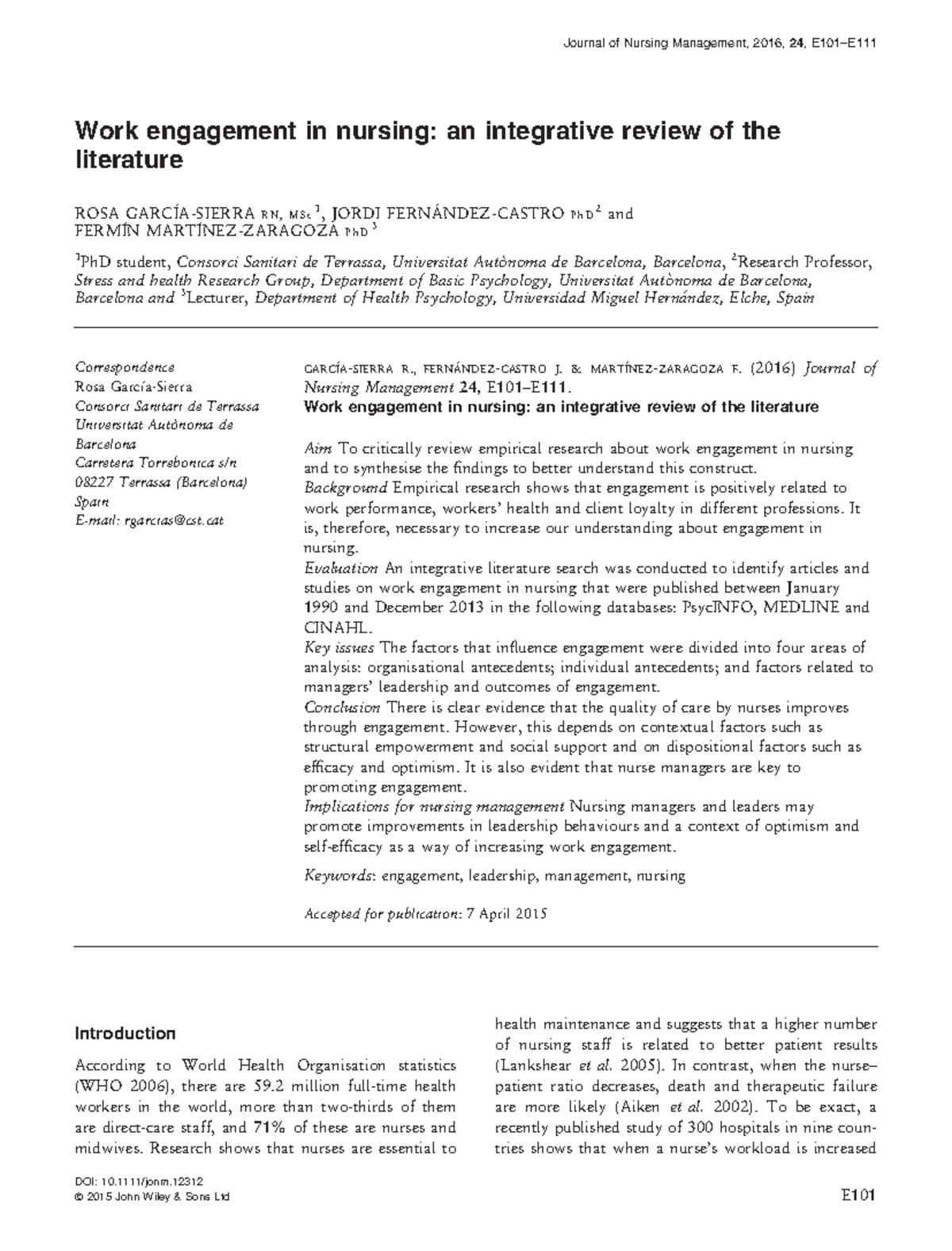 J Nursing Management - 2015 - Garc a‐Sierra - Work engagement in ...