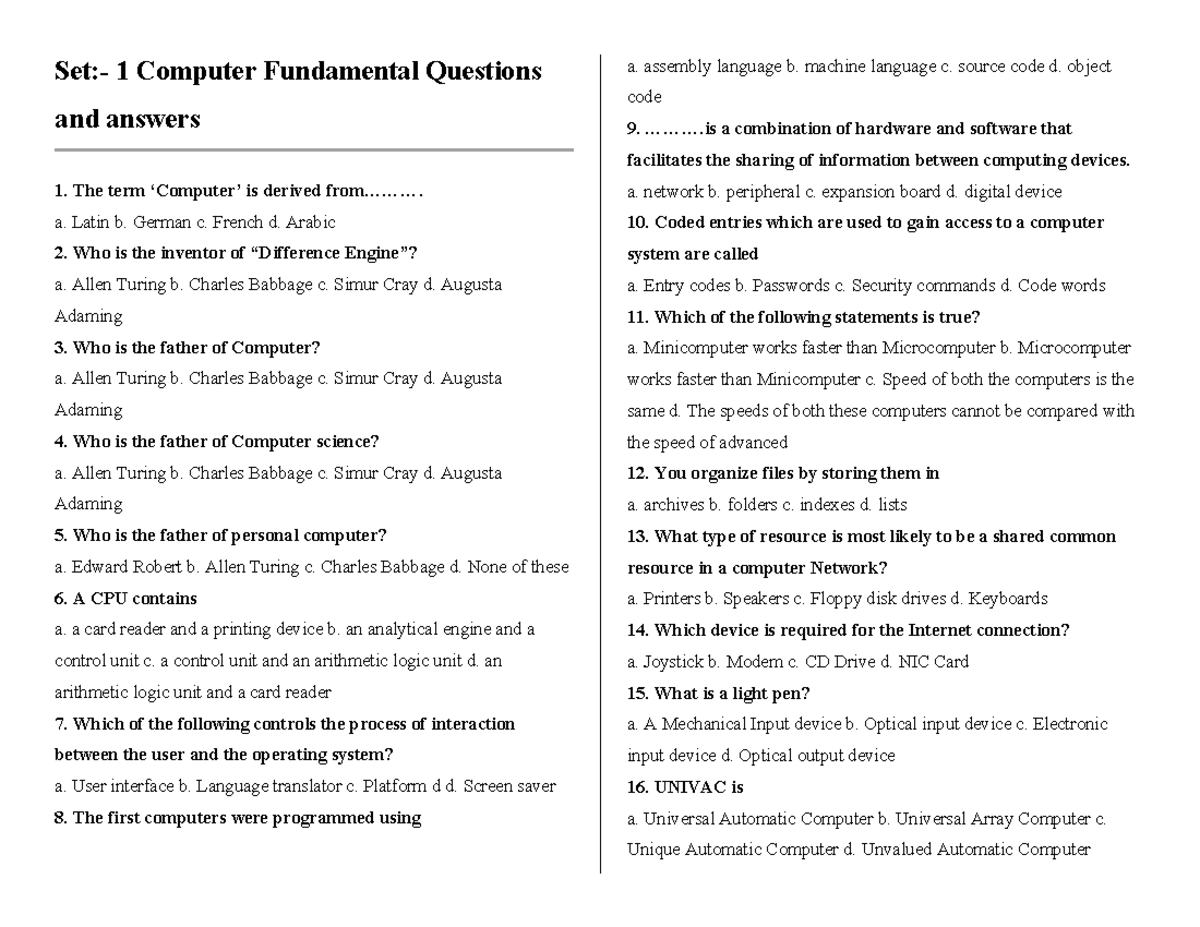 Objective Computer fundamental bca first - Set:- 1 Computer Fundamental Questions and answers ...