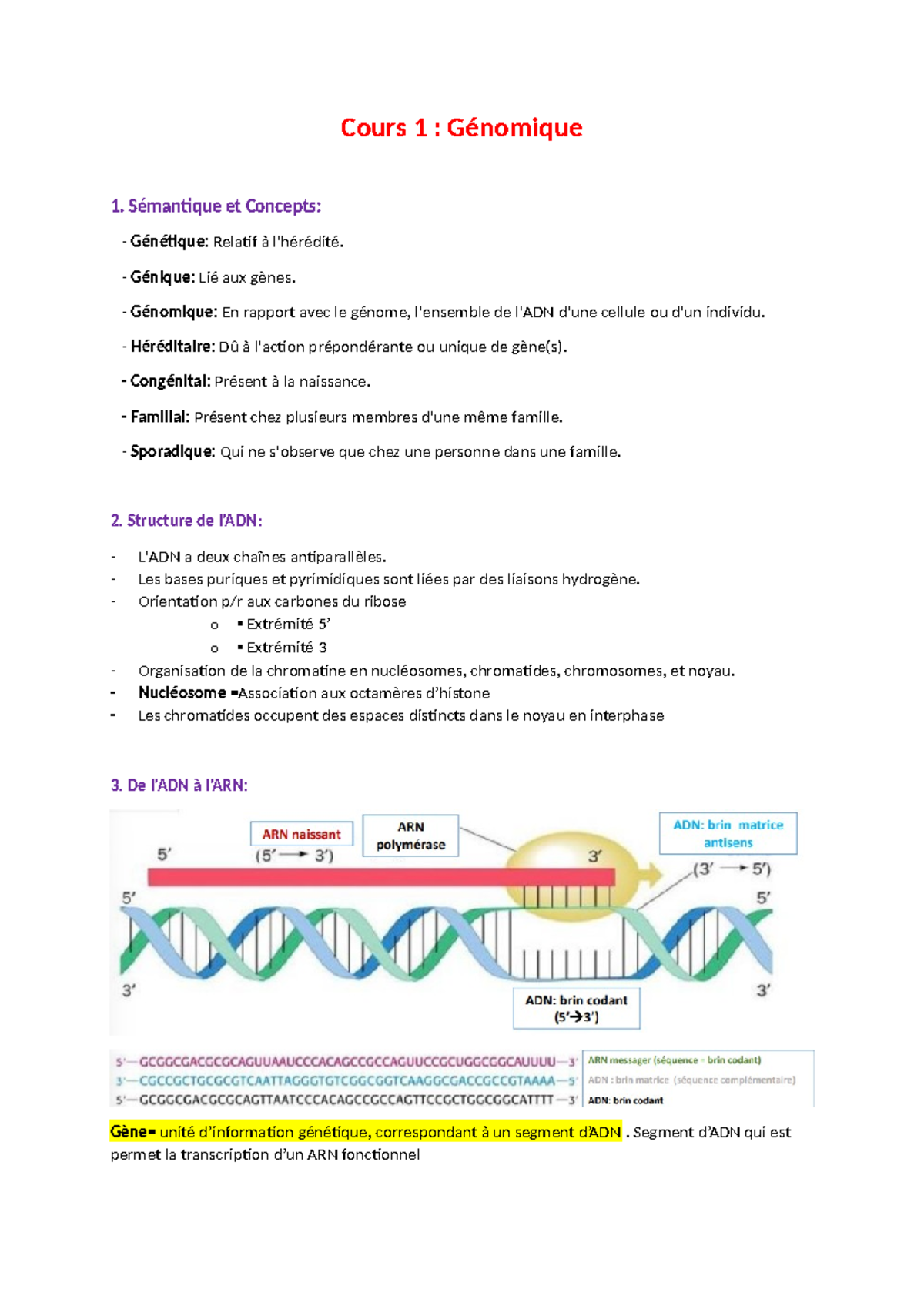 1. base de génétique - Cours 1 : Génomique 1. Sémantique et Concepts ...