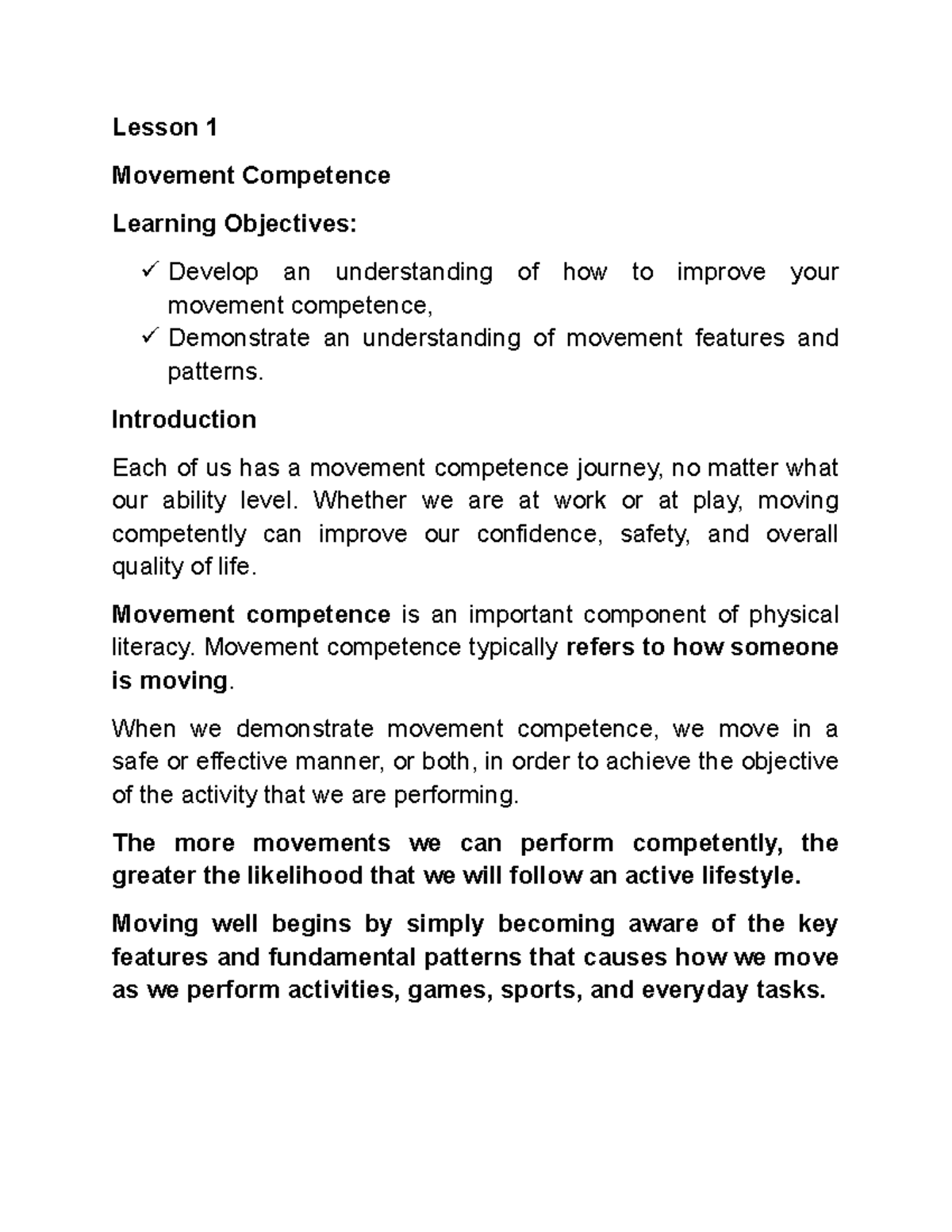 Lesson 1 Intro to Movement Competence Lecture - Lesson 1 Movement ...