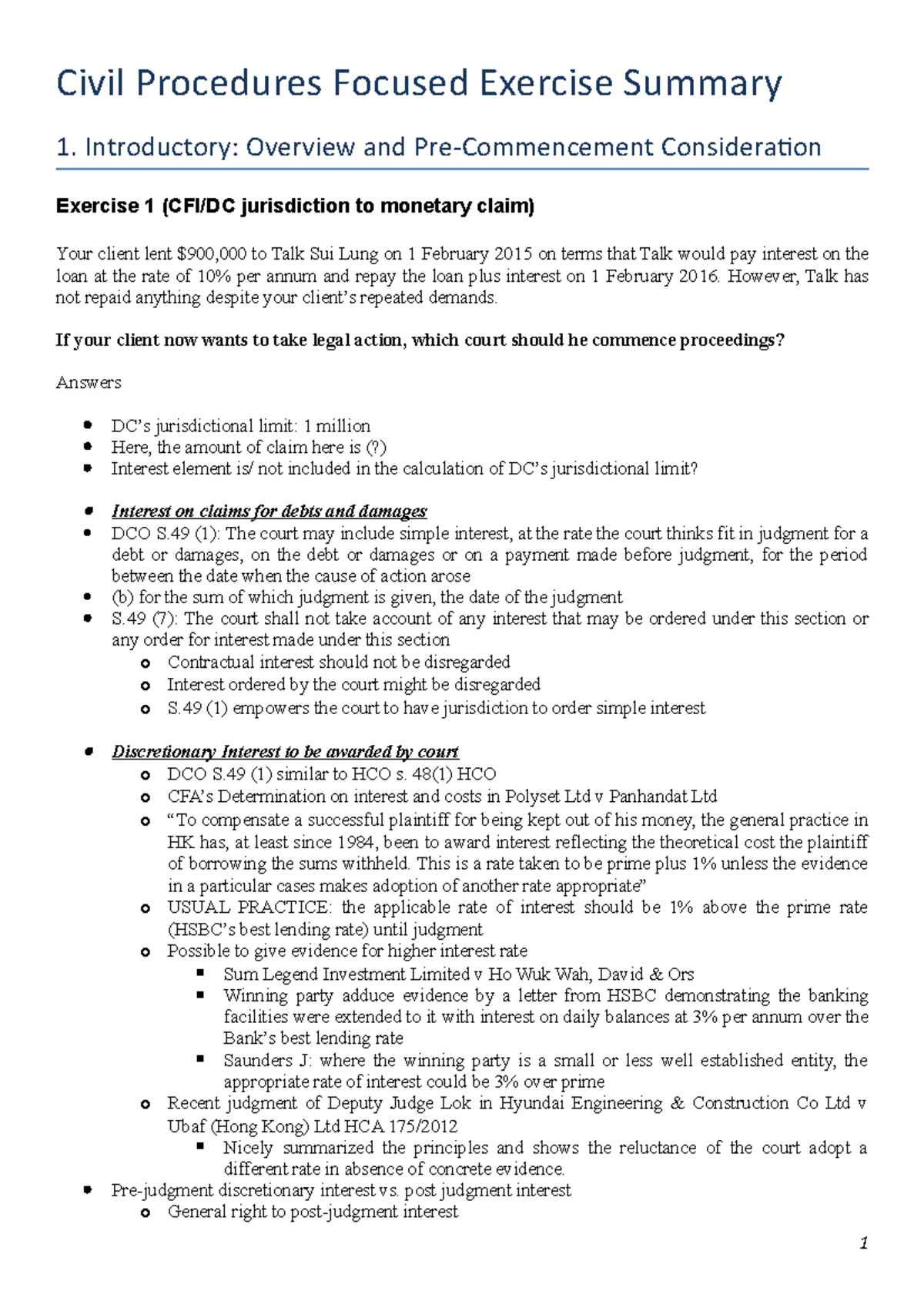 Civil Procedures Summary - Civil Procedures Focused Exercise Summary 1 ...