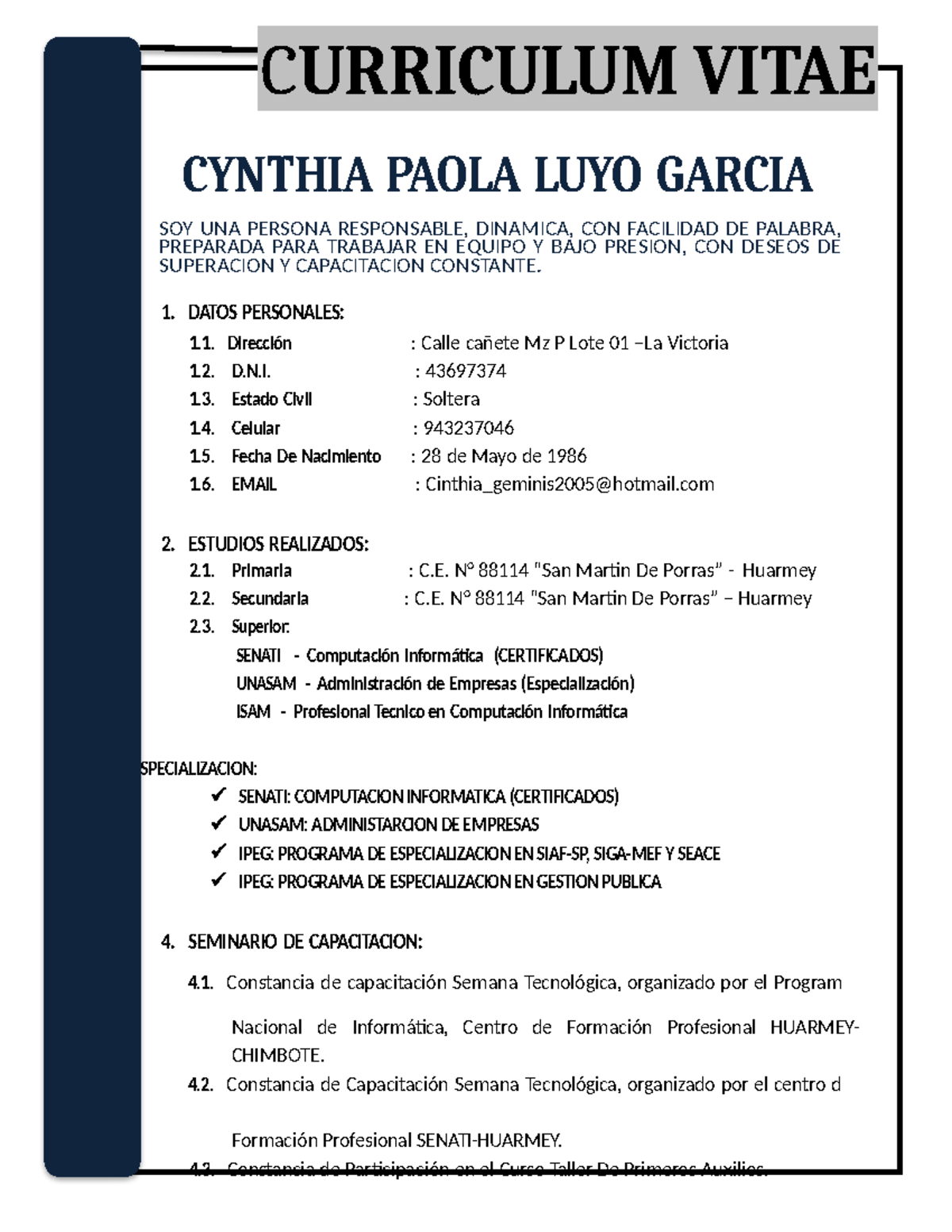 Curriculum- Cynthia Paola LUYO Garcia( Corregido) - CURRICULUM VITAE CYNTHIA PAOLA LUYO GARCIA ...