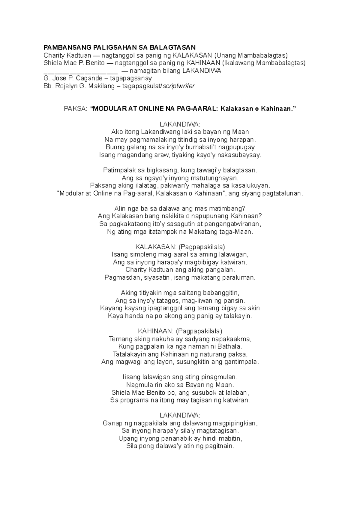 Balagtasan - JUST A REQUIREMENT - PAMBANSANG PALIGSAHAN SA BALAGTASAN ...