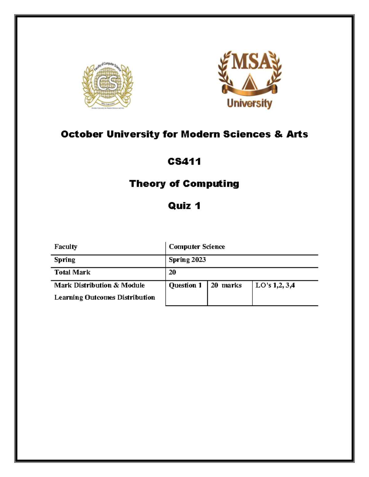 Quiz 1 Spring 2023 Model Answer - October University for Modern ...