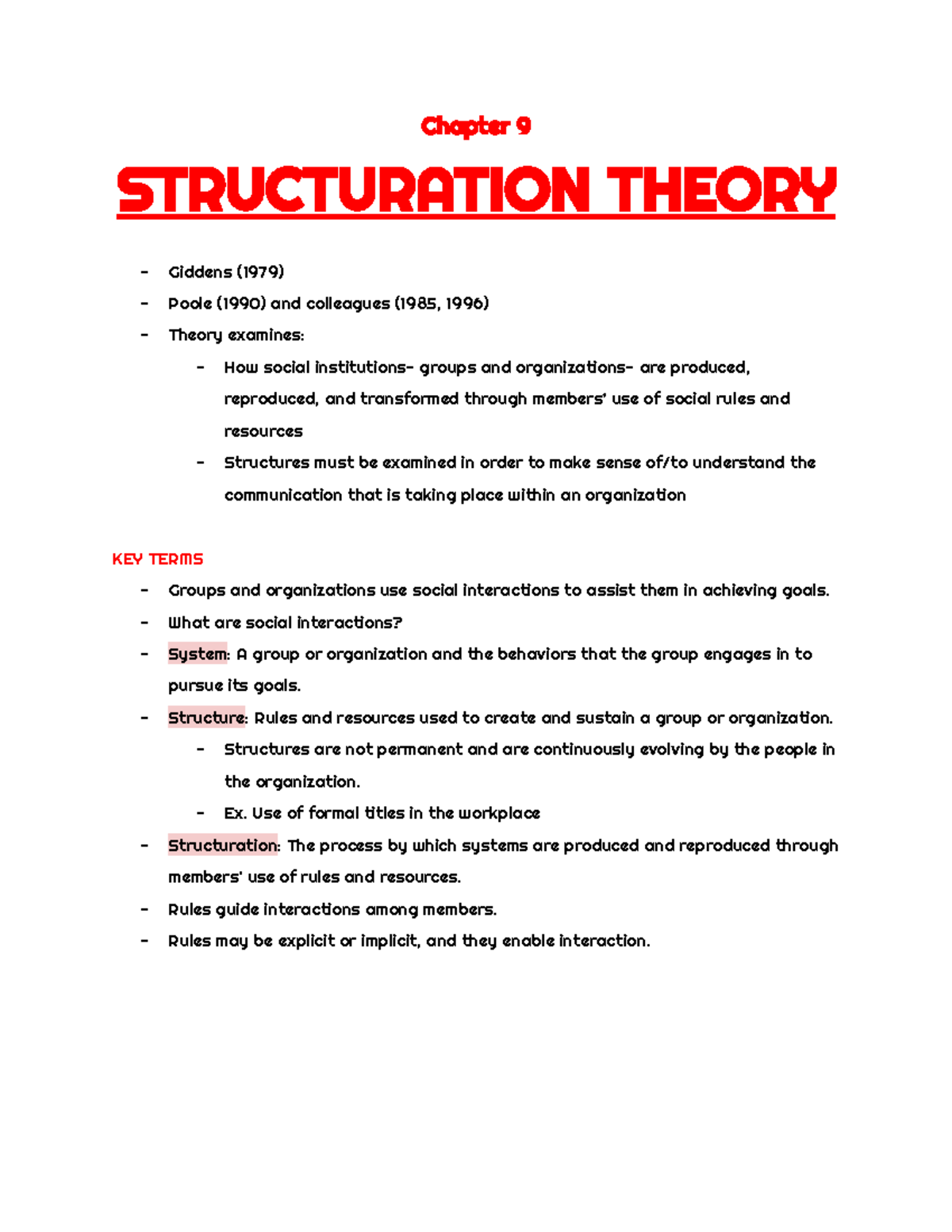 Comm theory - chapter 9 - Chapter 9 STRUCTURATION THEORY Giddens (1979 ...