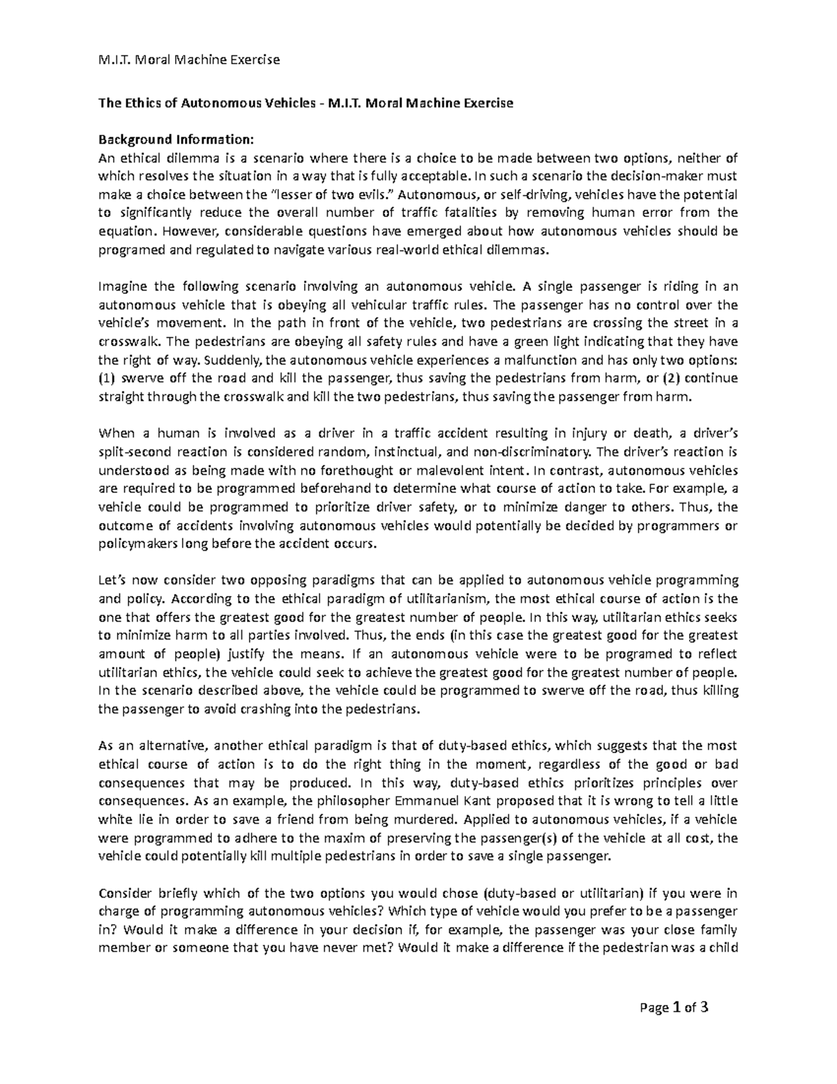 M.I.T. Moral Machine In-class excercise Dunham 2018 - M. Moral Machine ...