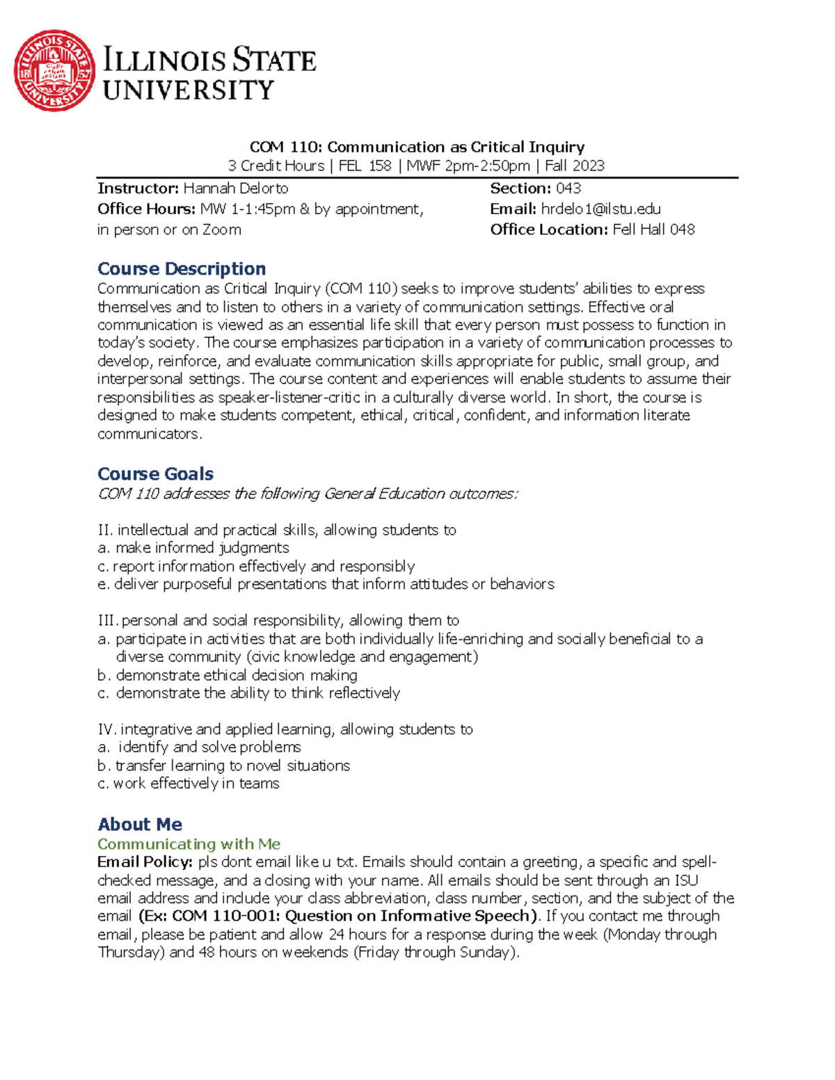 COM 110 Fall '23 Syllabus-3 - COM 110: Communication as Critical ...